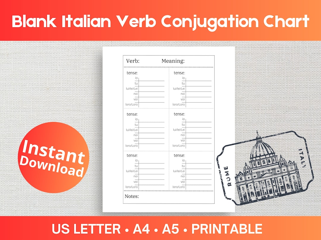 Blank Italian Verb Conjugation Chart Printable Instant Download - Etsy