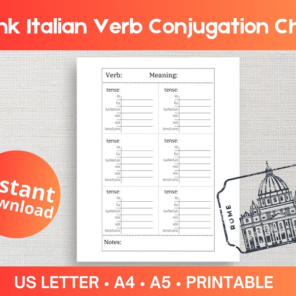 Blank Portuguese Verb Conjugation Chart Printable Instant Download - Etsy