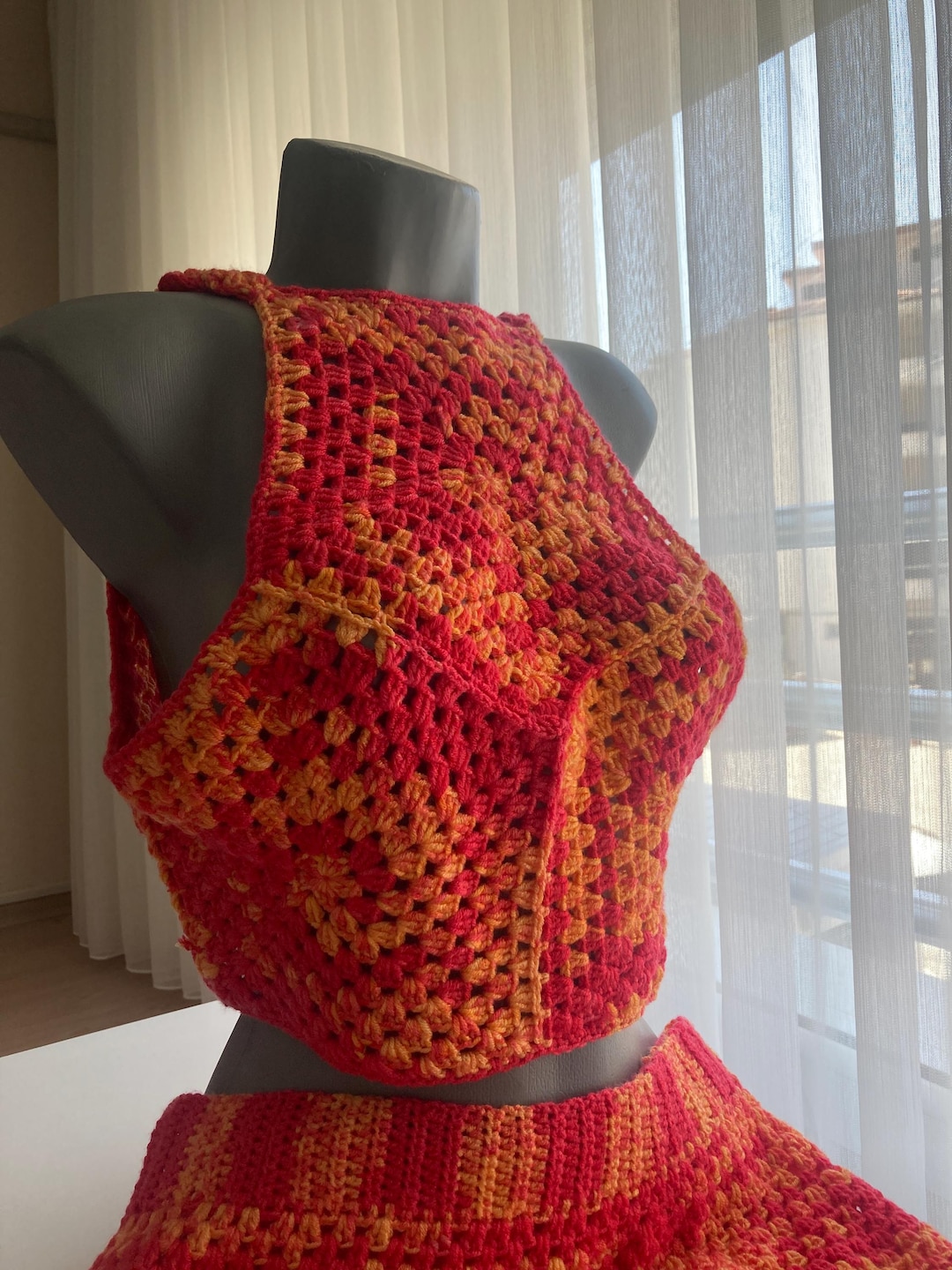 Red Crocheted Crop Top and Shorts Set - Etsy