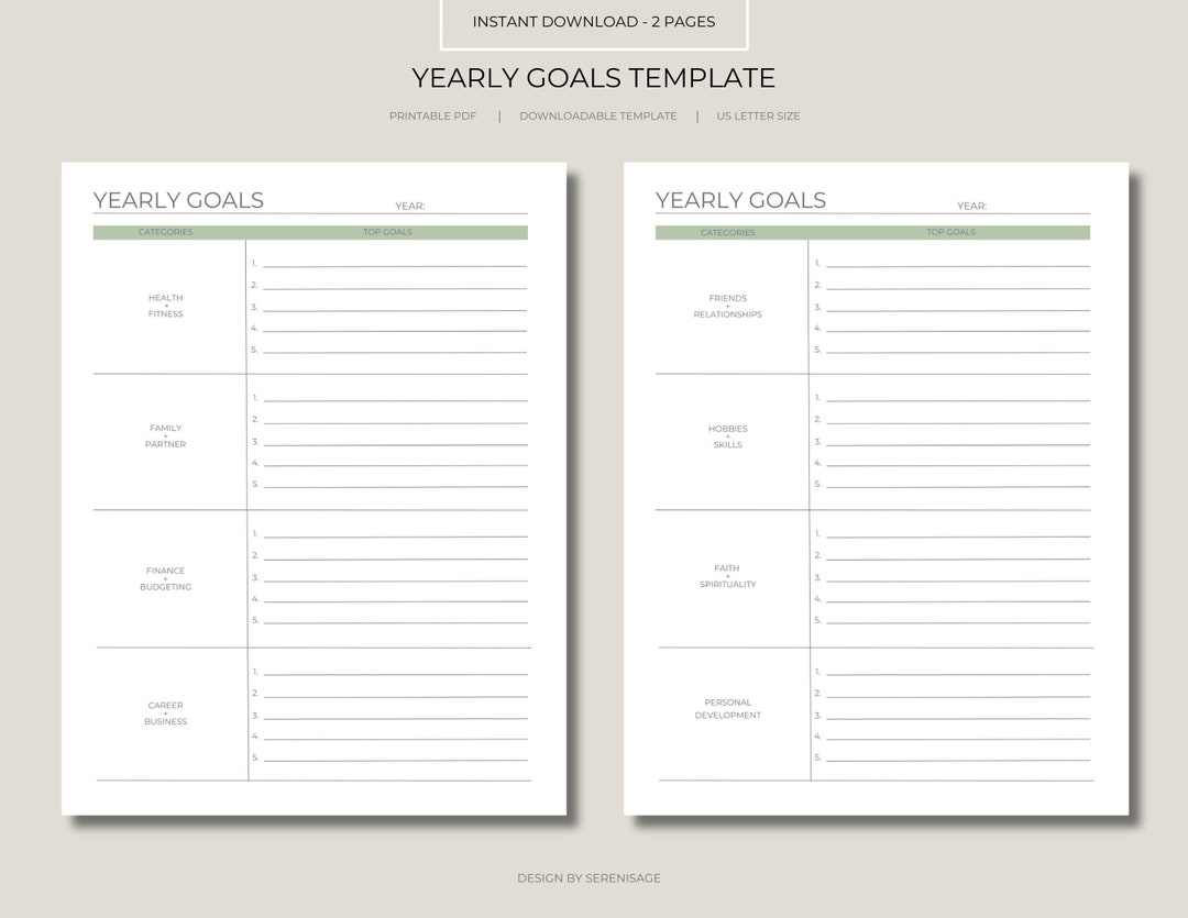 Yearly Goal Template Annual Goal Printable Life Area Goal Planner Year ...