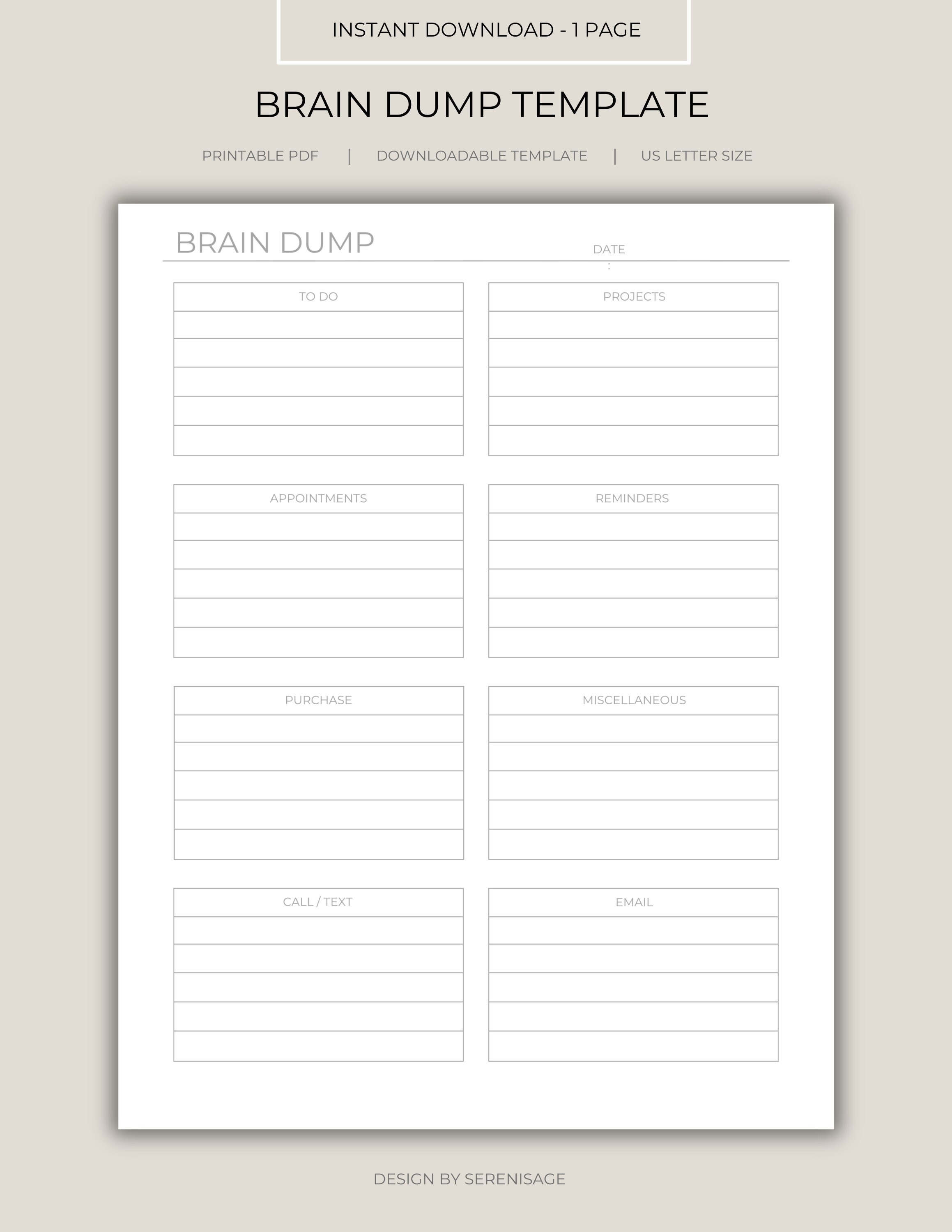 Brain Dump Template to Do List Printable Thought Tracker PDF Brain Dump ...