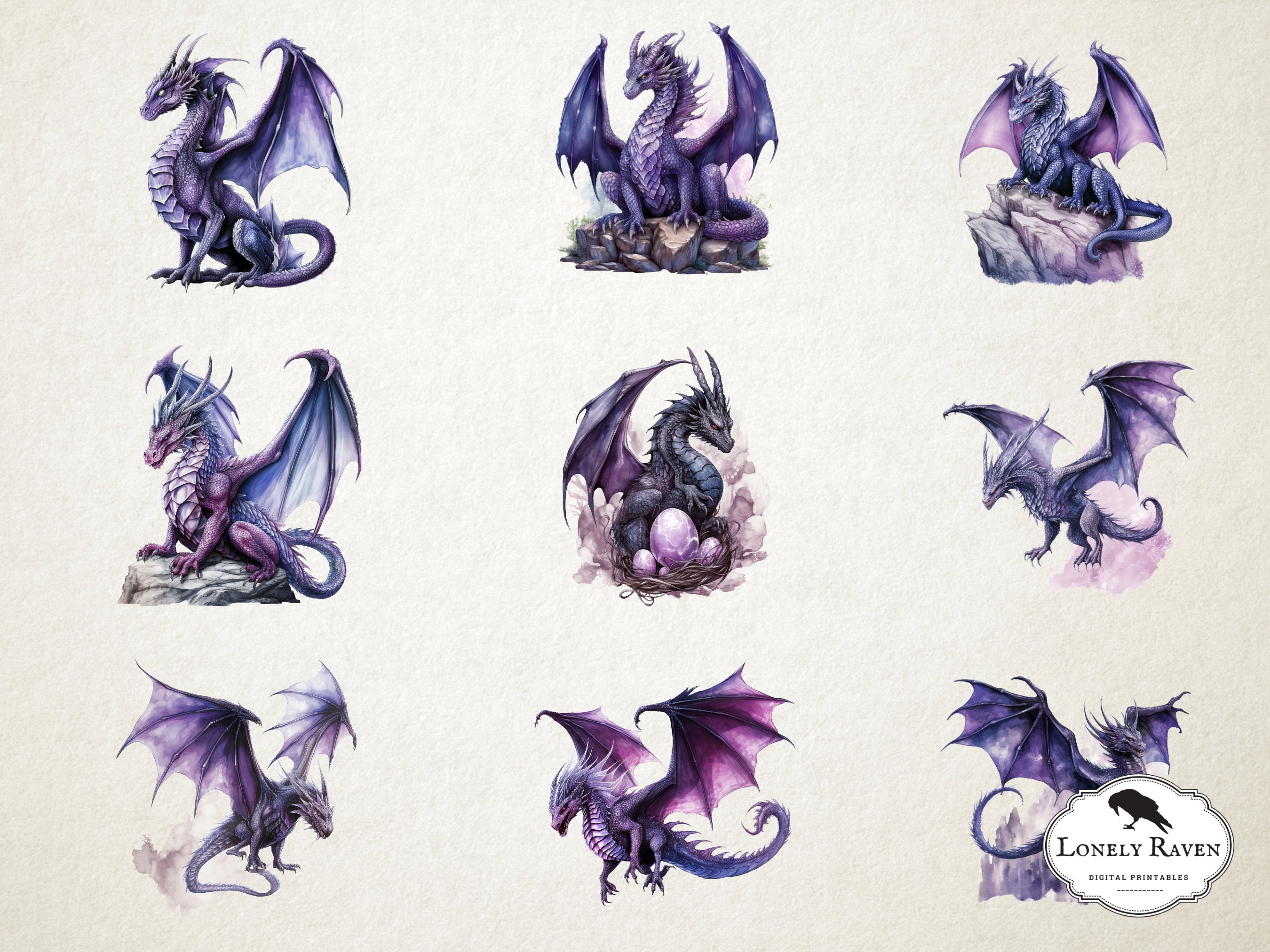 Purple Dragons Watercolor Clipart Bundle - 25 Dragon Pngs, Dragons Clip ...