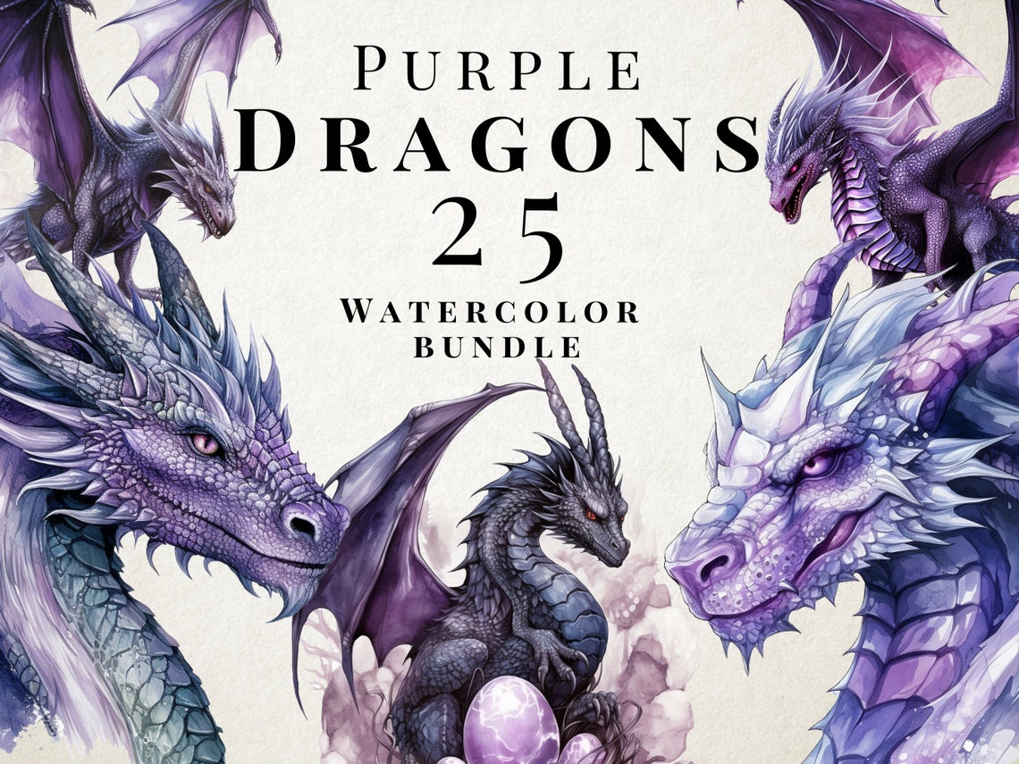 Purple Dragons Watercolor Clipart Bundle - 25 Dragon Pngs, Dragons Clip ...