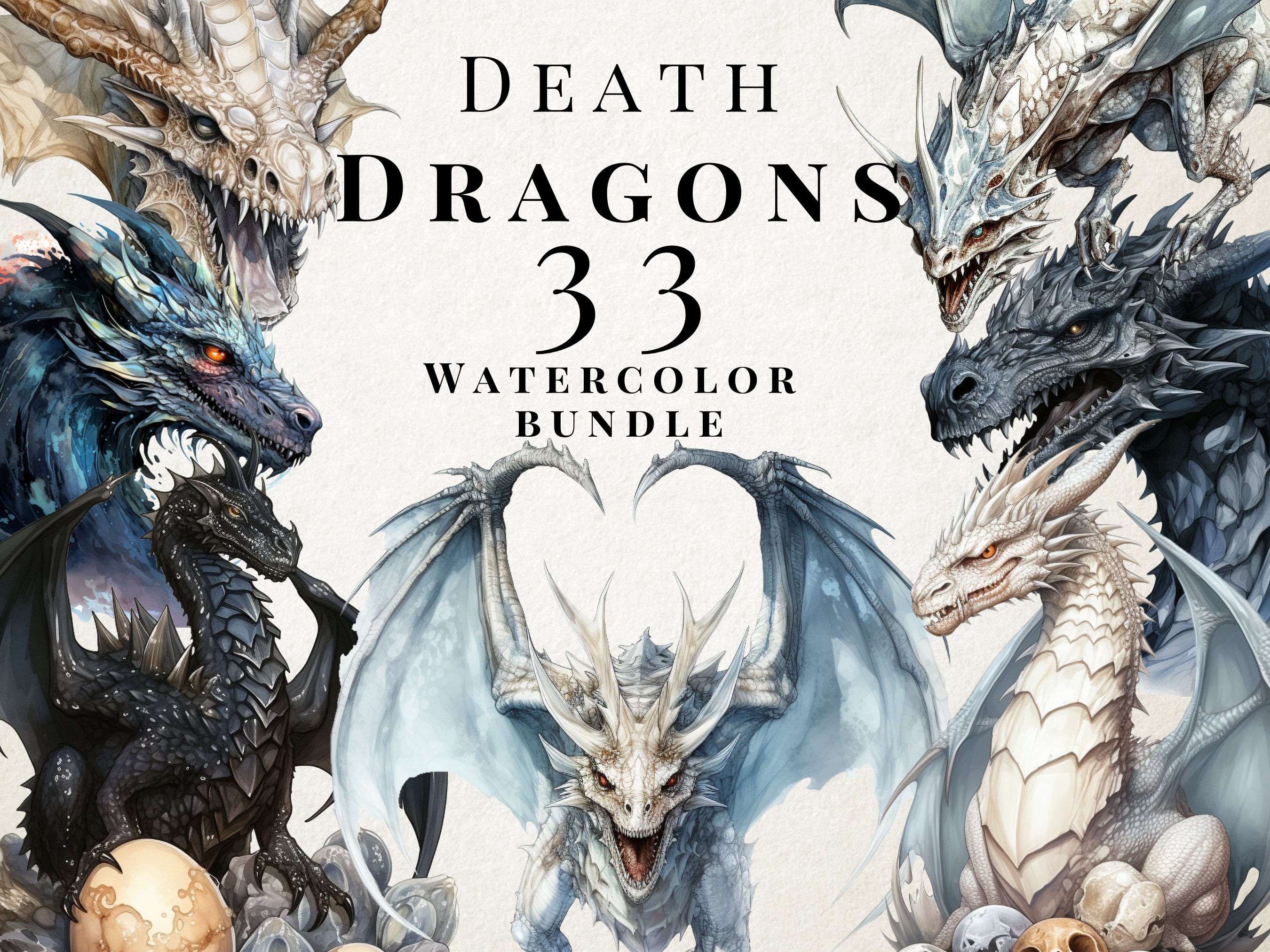 Death Dragons Watercolor Clipart Bundle 33 Dragon Pngs, Dragons Clip ...