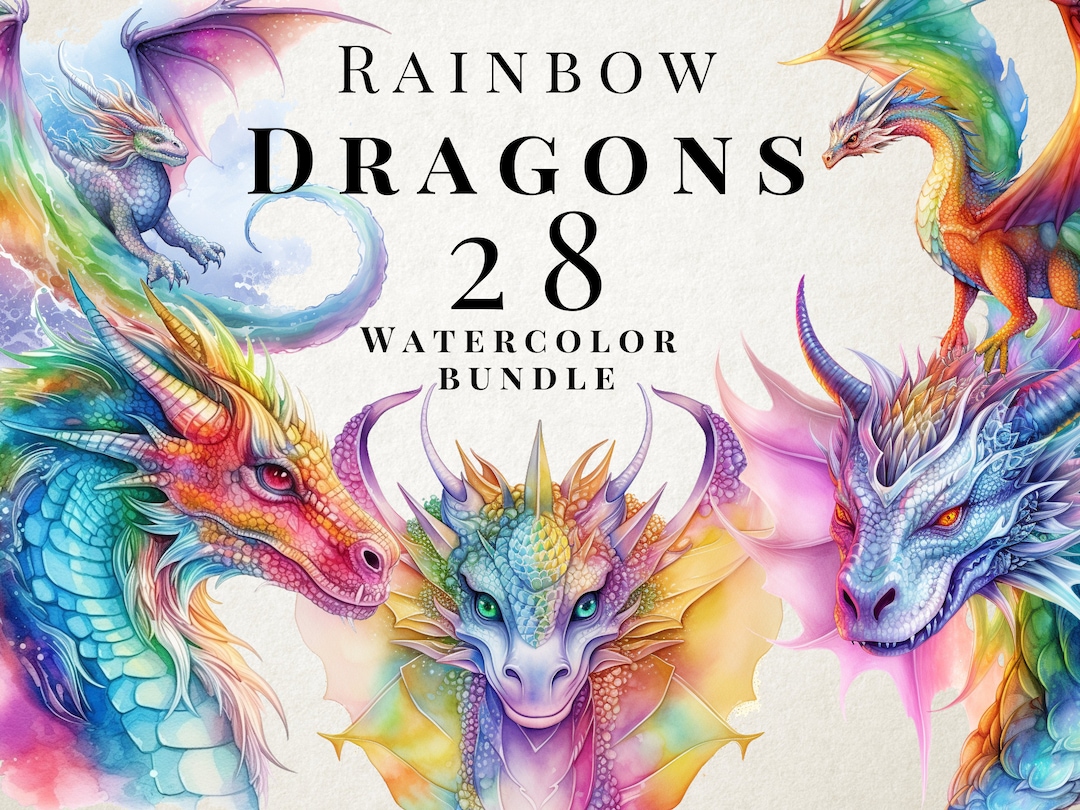 Rainbow Dragons Watercolor Clipart Bundle - 28 Dragon Pngs, Dragons ...