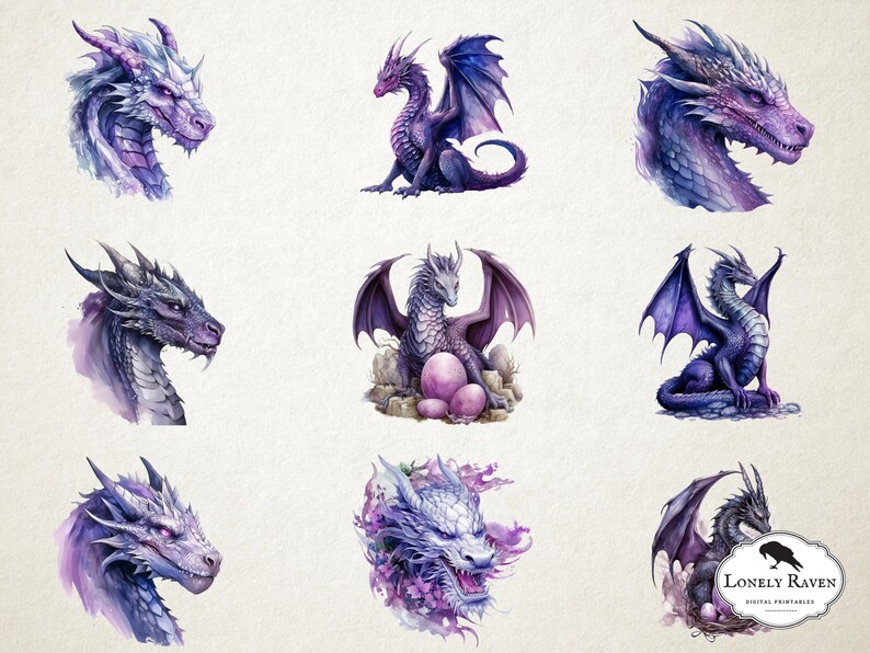Purple Dragons Watercolor Clipart Bundle 25 Dragon Pngs, Dragons Clip ...