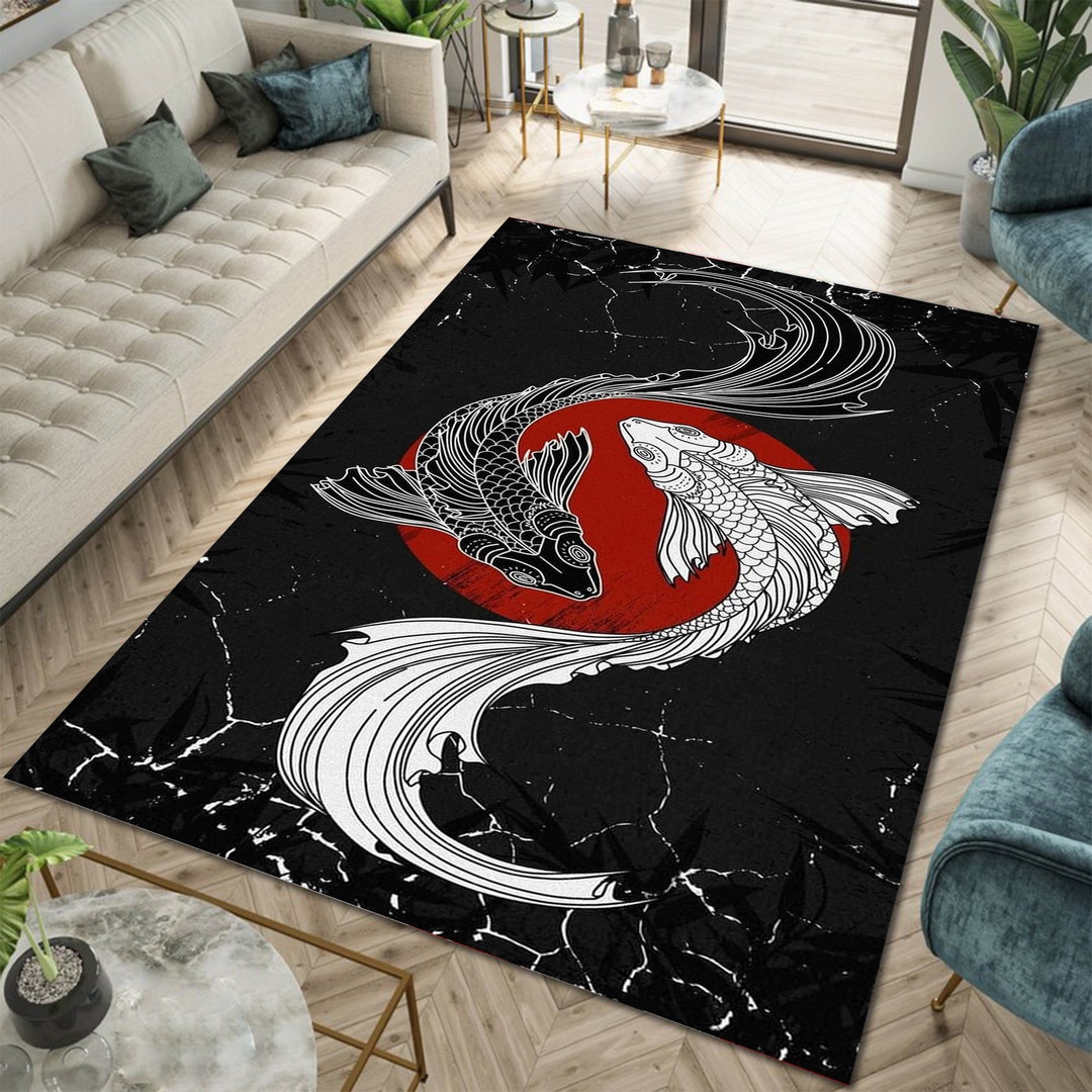 Yin Yang Rug, Asia Themed Rug, Koi Fish, Black Art, Chinese Rug ...
