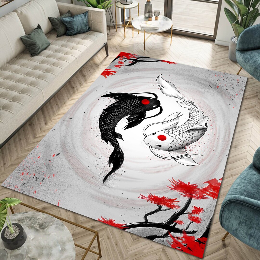 Yin Yang Rug, Asia Themed Rug, Koi Fish, Chinese, Japanese Decor ...