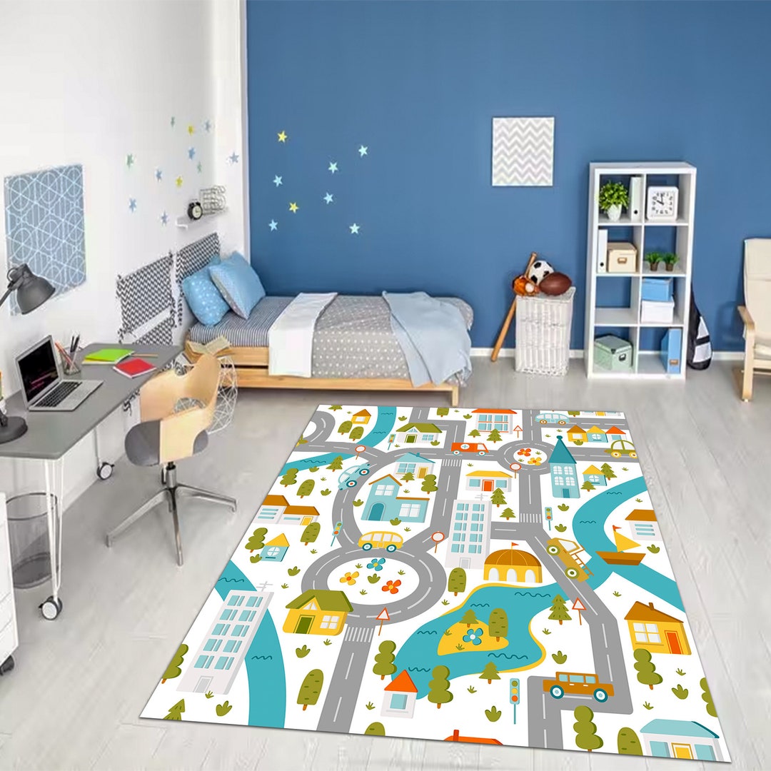 City Road Playground Nursery Kids Rug, Playroom City Map Rug, Washable ...
