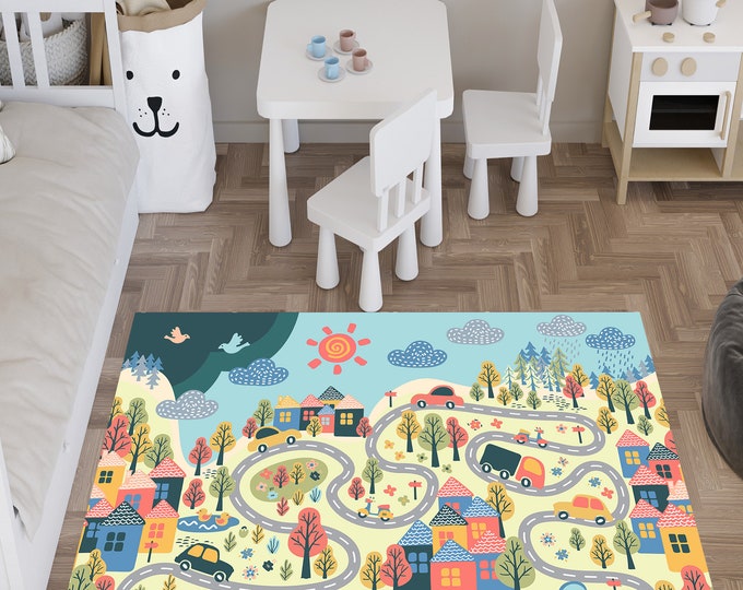 City Road Playground Nursery Kids Rug, Baby City Map With Roads and ...