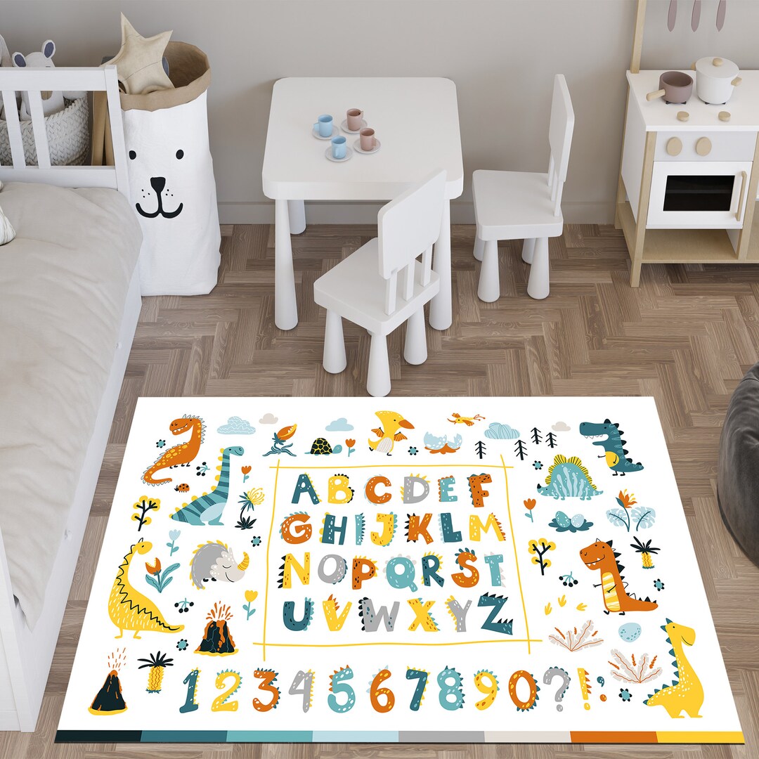 Letters and Numbers Kids Rug, Dinosaur Rug, Nursery Rug, Educational ...