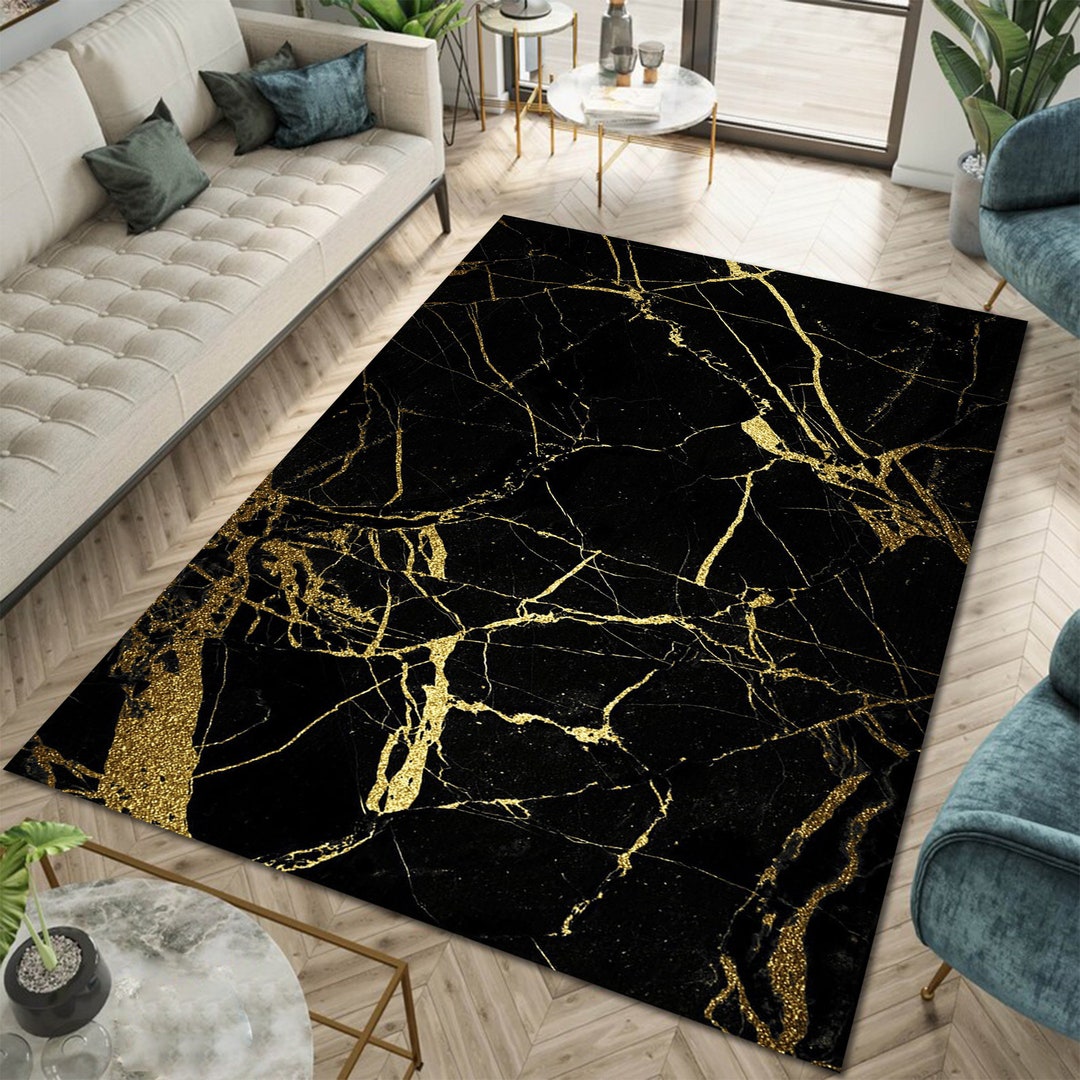 Gold Marble Rug, Marble Rug, Modern Rug, Black Marble Carpet, Abstract ...