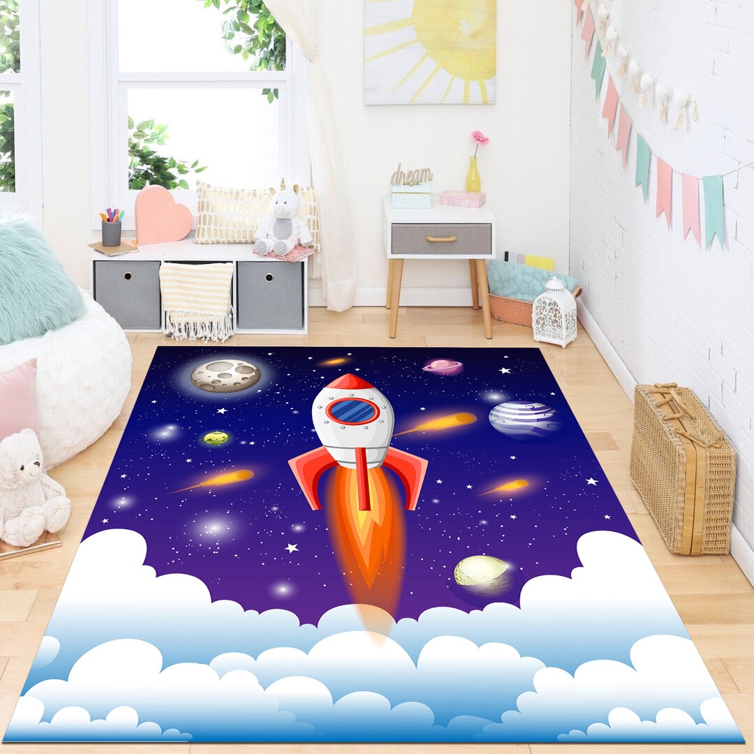 Planets Kids Rug, Space Themed Nursery, Sky Rug, Rocket Rug, Washable ...