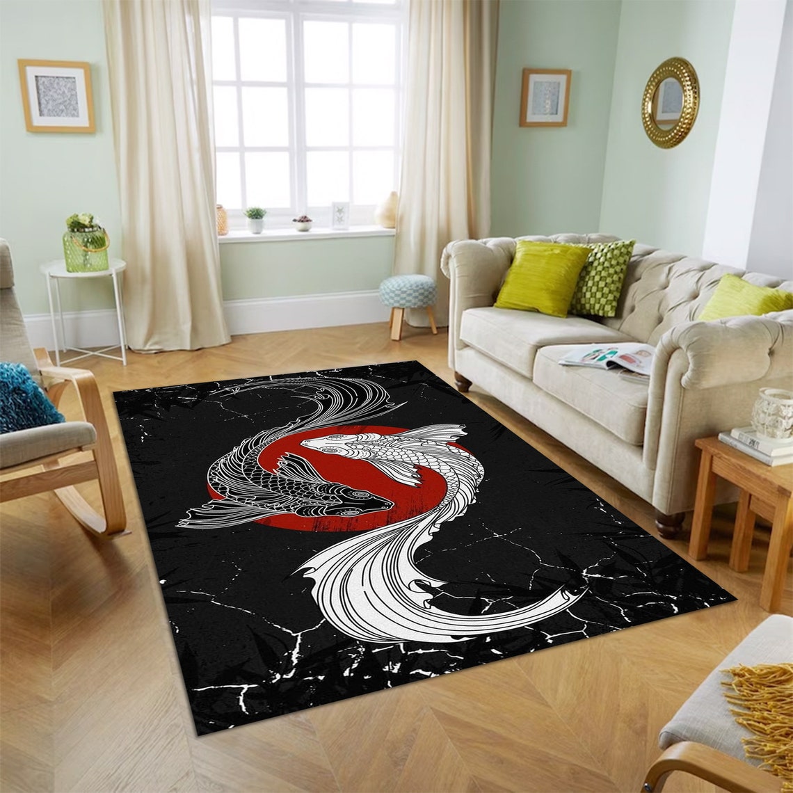 Yin Yang Rug Asia Themed Rug Koi Fish Black Art Chinese - Etsy