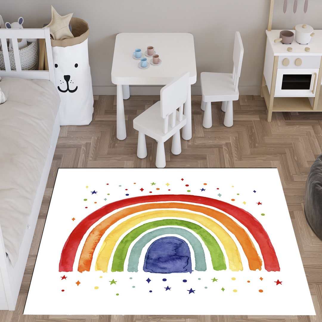 Colorful Hand Drawn Rainbows, Watercolor Rainbow Kids Rug, Washable ...