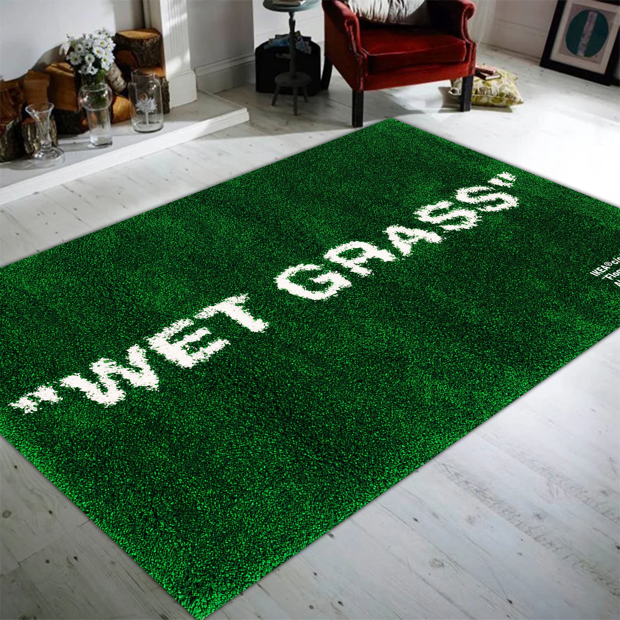 Vibrant Green Grass, Wet Grass, Wet Grass Carpet, Machine Washable Non ...
