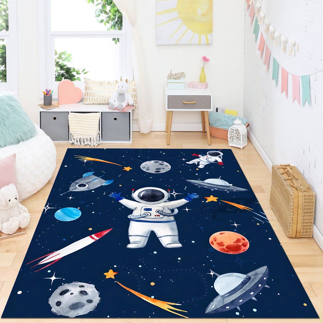 Astronaut Kids Rug, Space Themed Nursery, Sky Rug, Rocket Rug, Washable ...