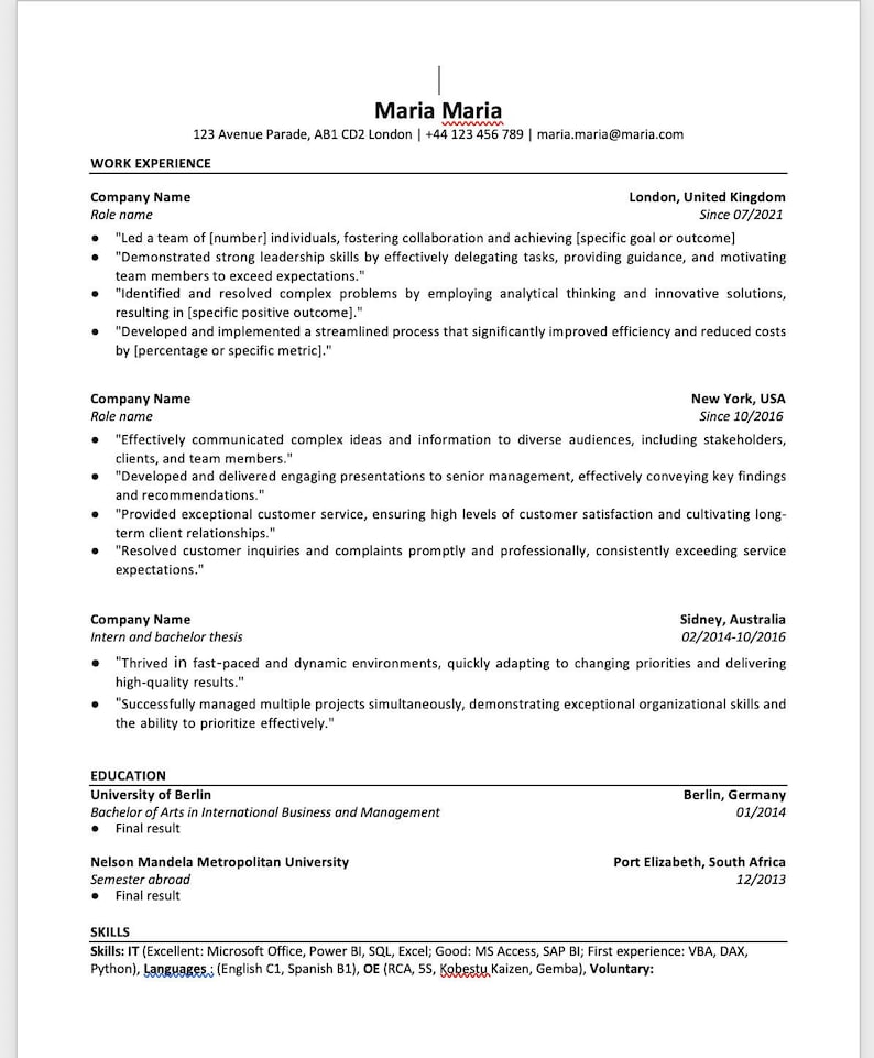 Simple Cv Layout Microsoft Word Etsy
