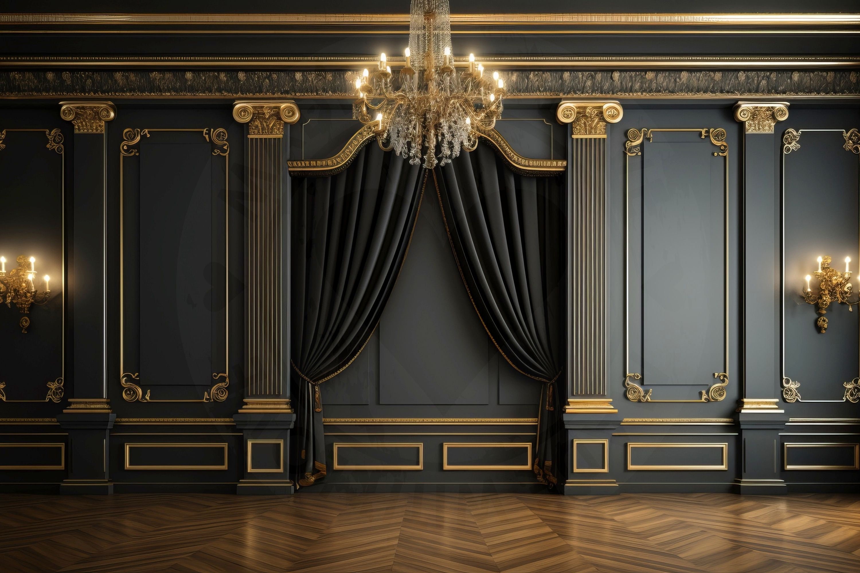 12 Digital Backdrops of Mansion Wall Interiors color Black and Gold for ...