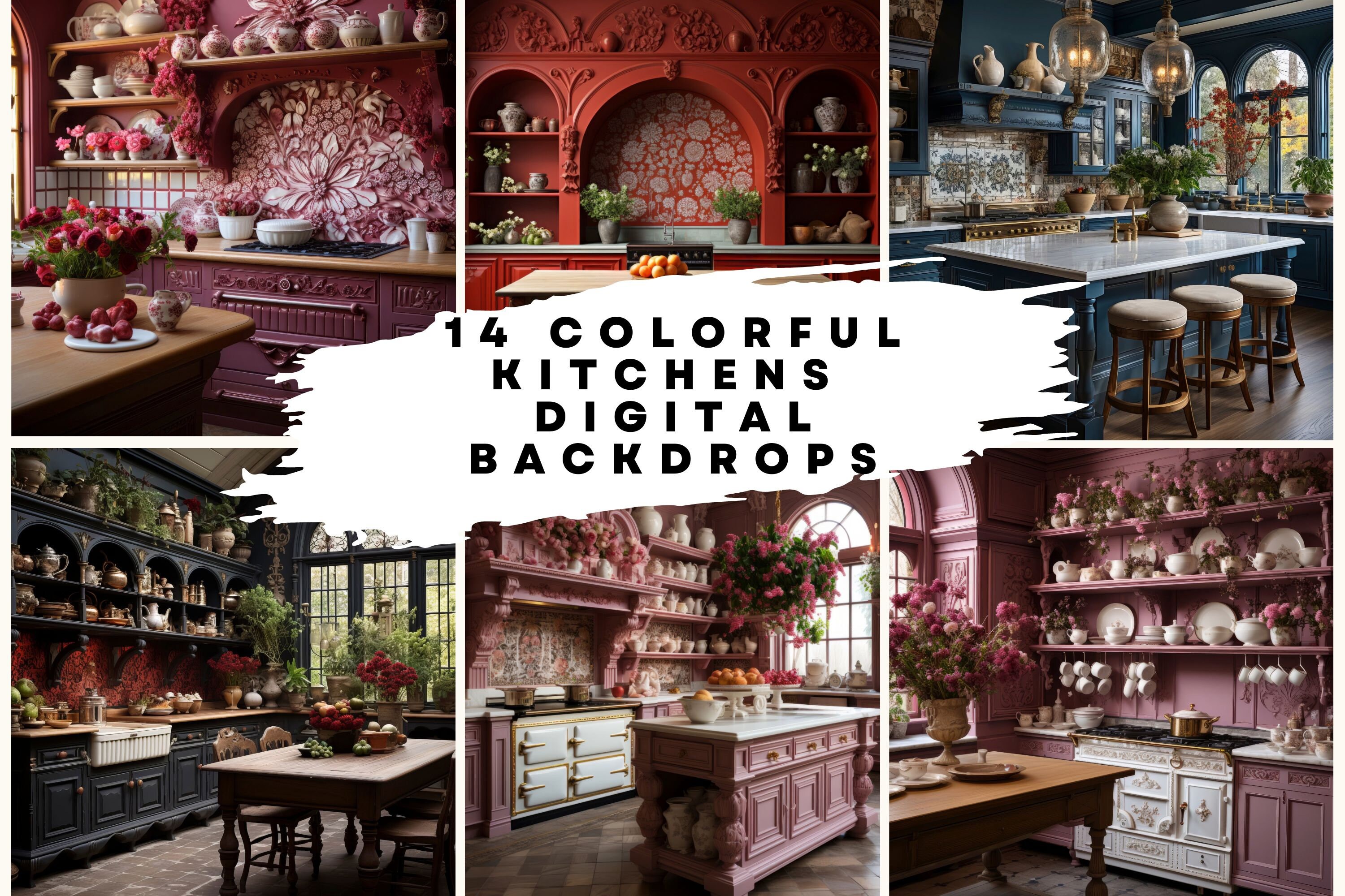 14 Colorful Kitchens Digital Backgrounds for Film, Business, Bridal ...
