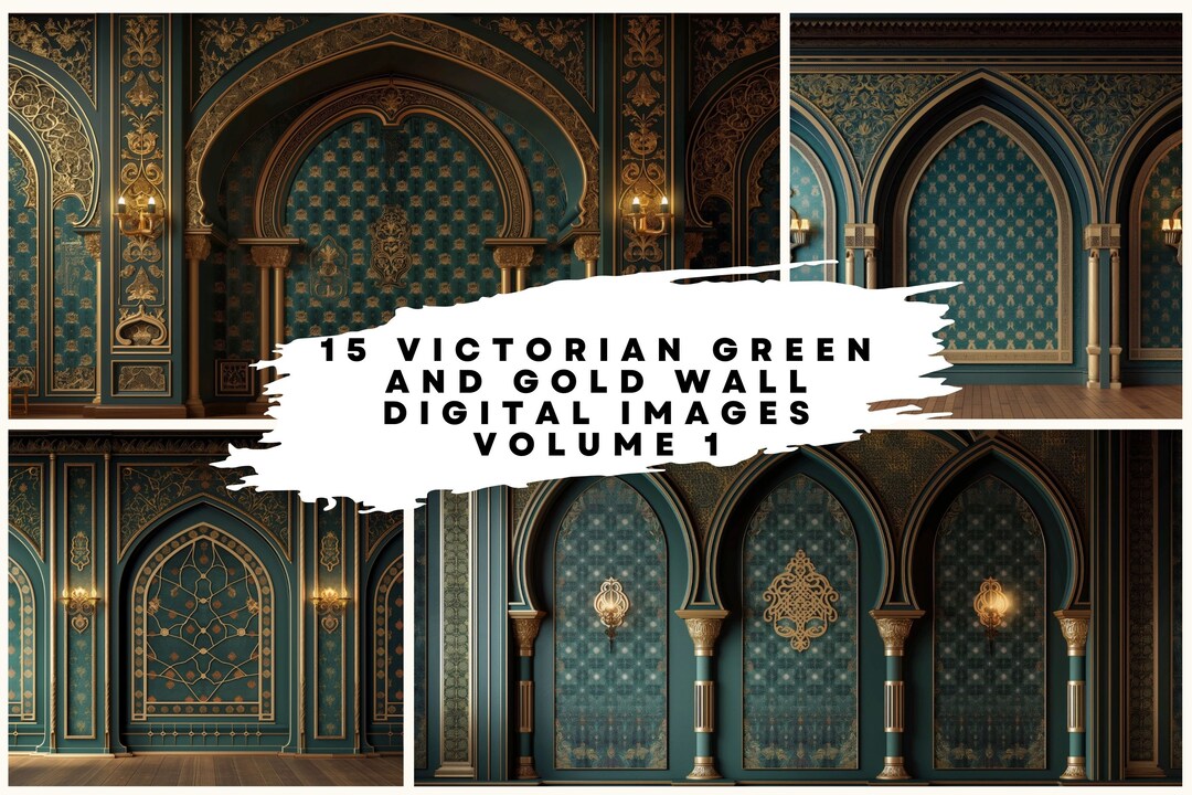 15 Victorian Green and Gold Wall Digital Backdrops (8565 × 4800) at ...