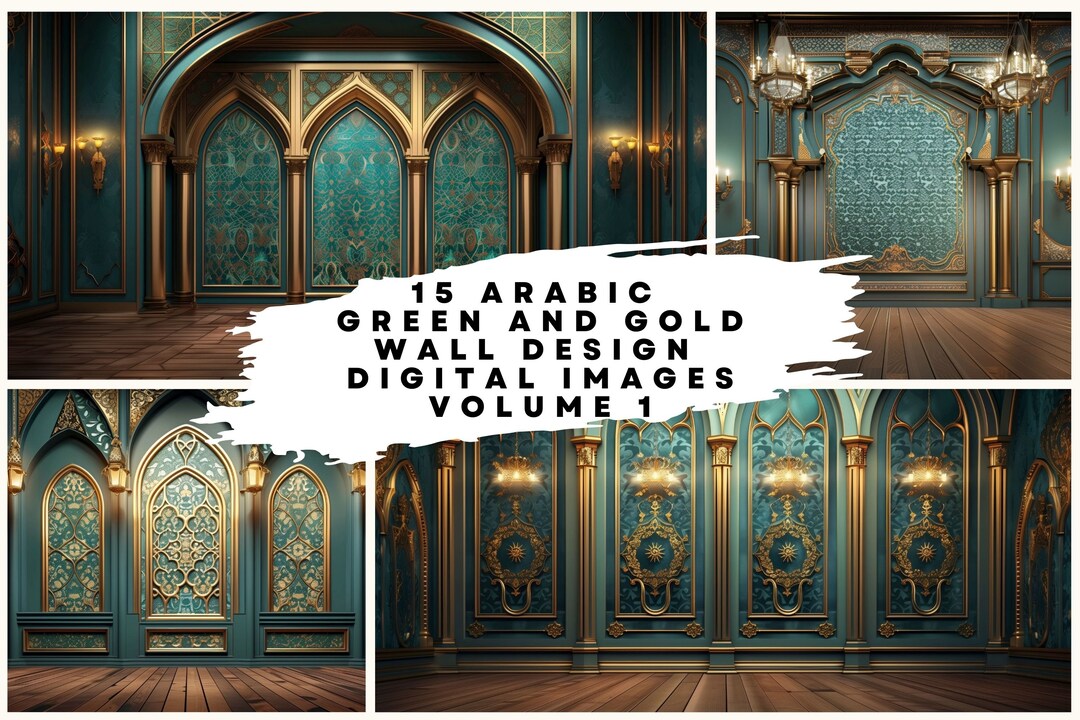15 Arabic Green and Gold Wall Digital Backdrops (8564 × 4800) at 300DPI ...