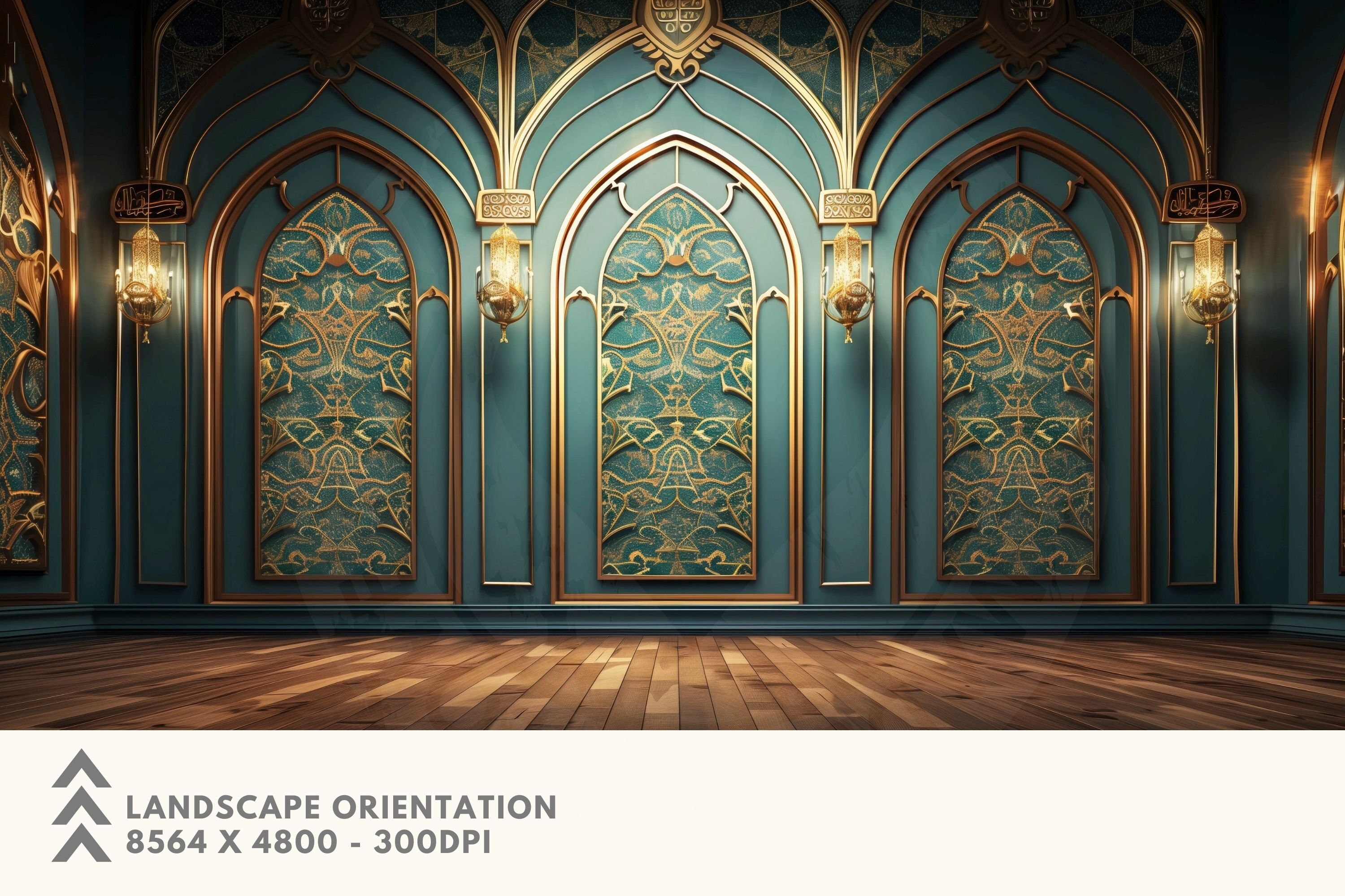 15 Arabic Green and Gold Wall Digital Backdrops 8564 4800 at 300DPI for ...
