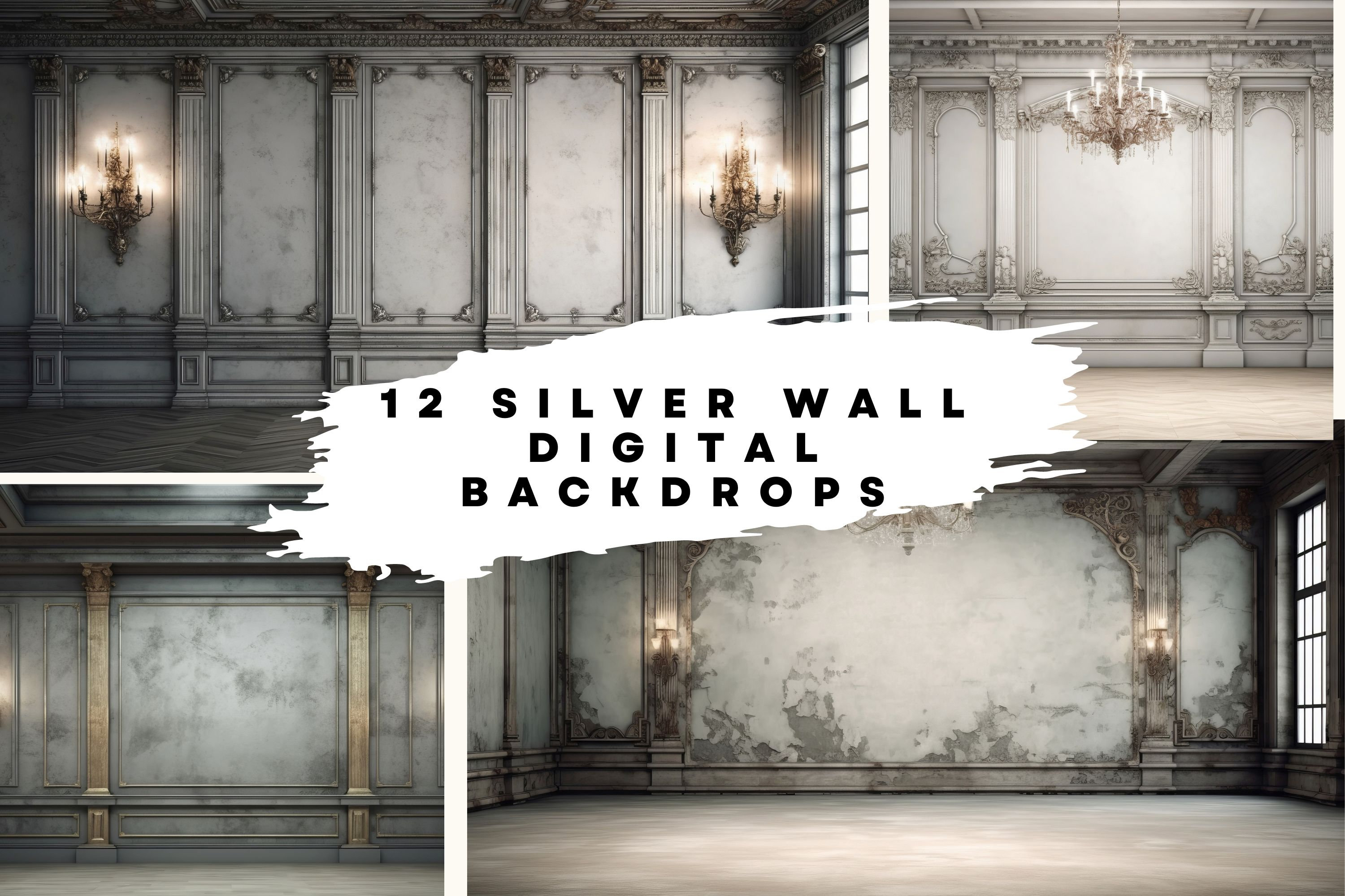12 Digital Backdrops of Mansion Wall Interiors color Silver for Wedding ...