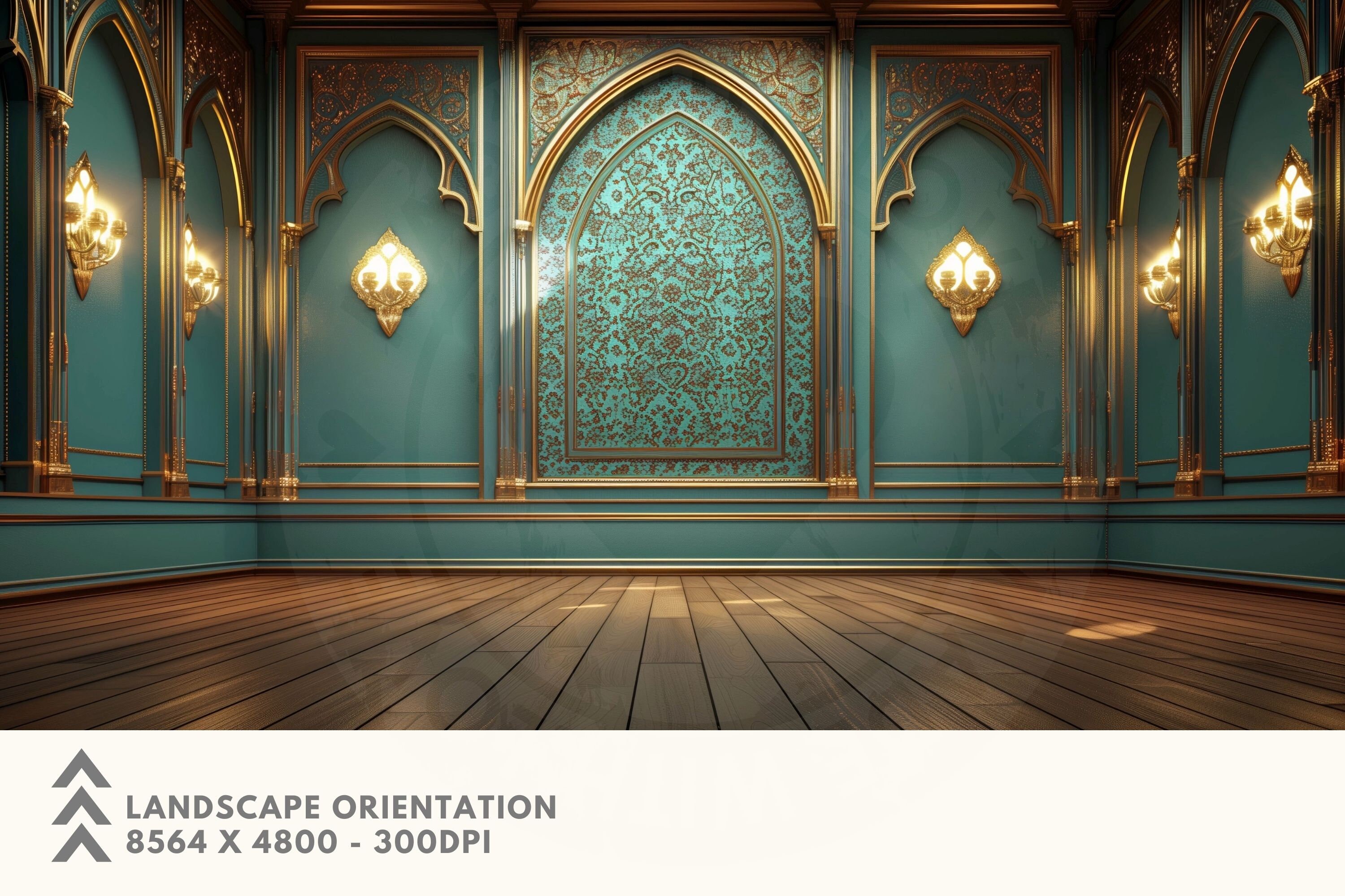 15 Arabic Green and Gold Wall Digital Backdrops 8564 4800 at 300DPI for ...
