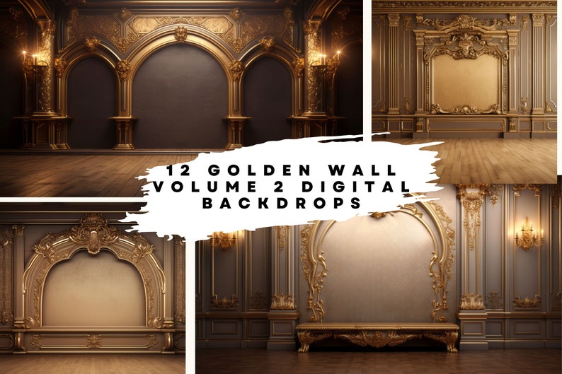 12 Digital Backdrops of Mansion Wall Interiors (color Gold) Volume 2 ...