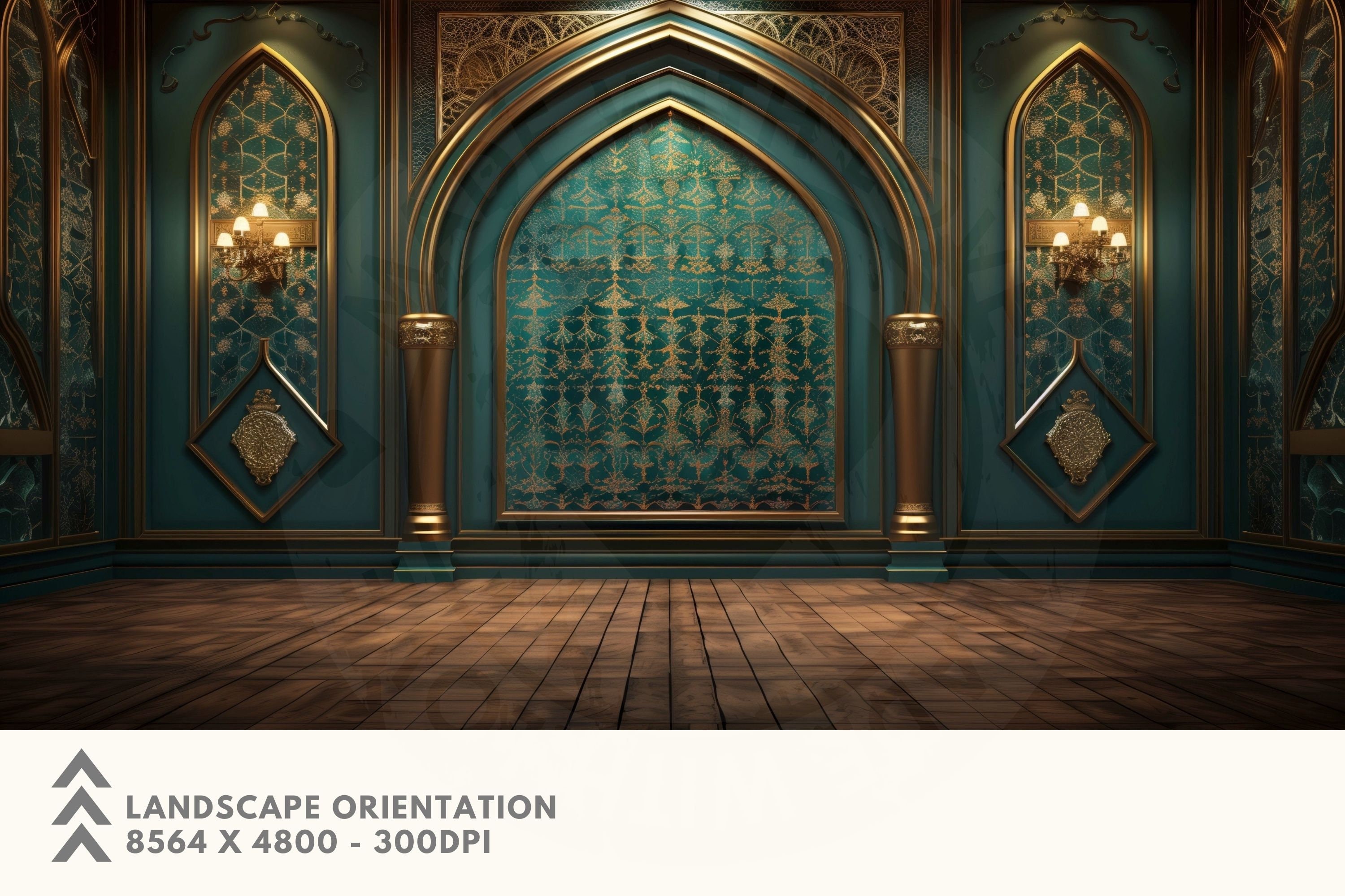 15 Arabic Green and Gold Wall Digital Backdrops 8564 4800 at 300DPI for ...