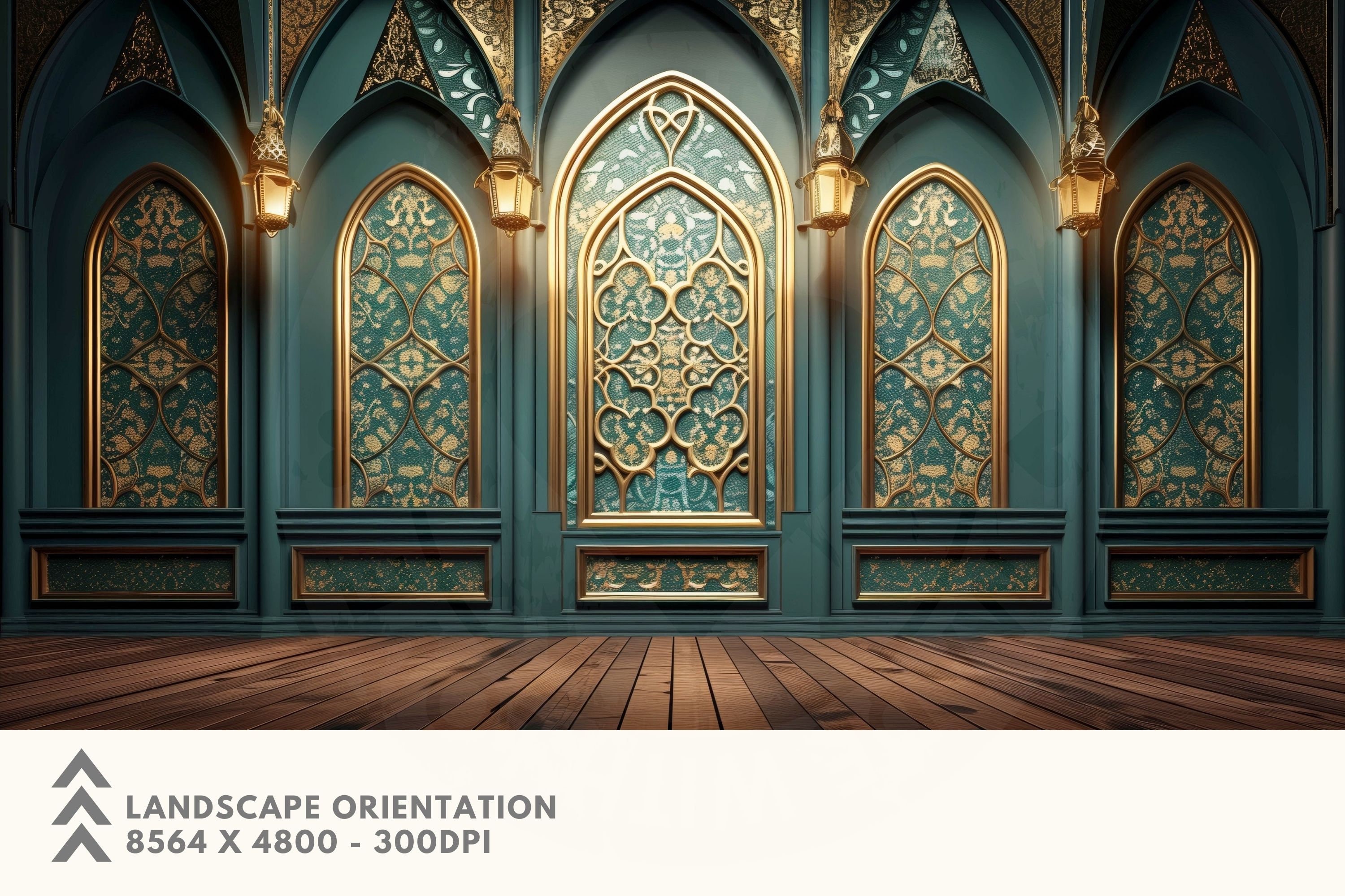 15 Arabic Green and Gold Wall Digital Backdrops 8564 4800 at 300DPI for ...
