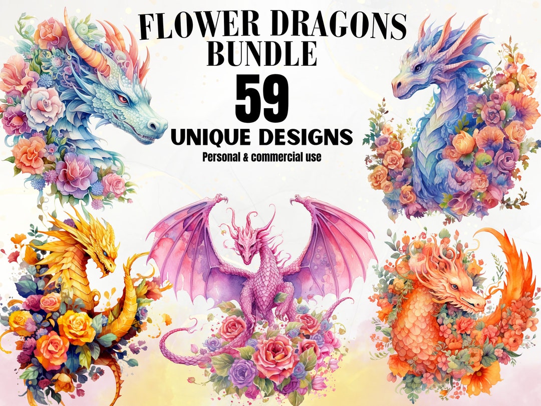 Flower Dragons Clipart Bundle - 59 Unique Dragon Pngs, Dragon Clipart ...
