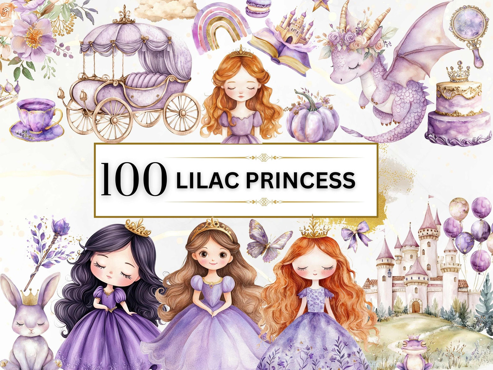 Lilac Princess Watercolor Clipart Cute Princess PNG Cinderella Clipart ...