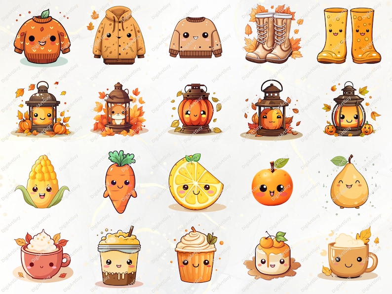 Kawaii Clipart Bundle - 243 Kawaii Fall Clipart, Cute Kawaii PNG ...