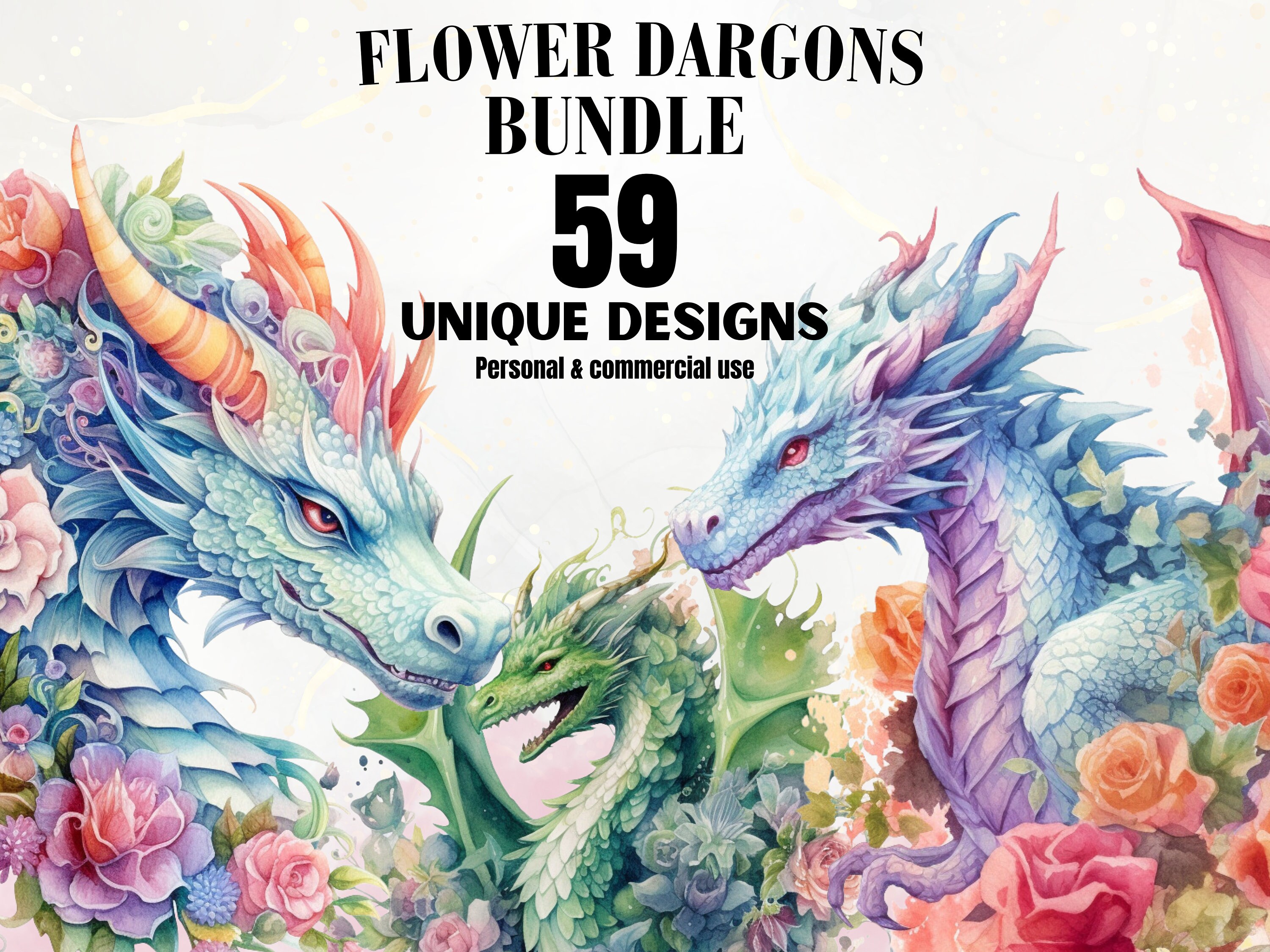 Flower Dragons Clipart Bundle 59 Unique Dragon Pngs Dragon - Etsy