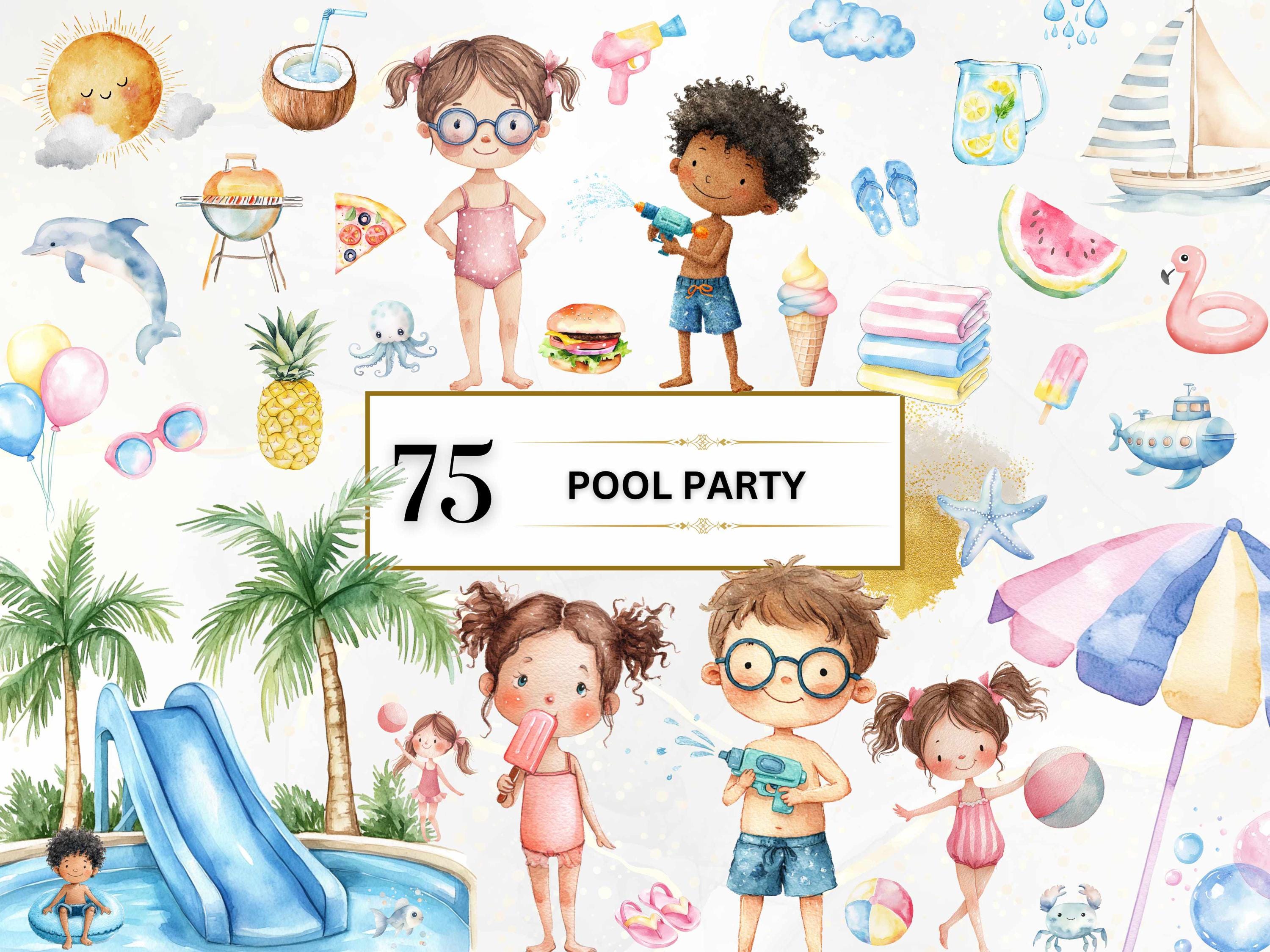 Watercolor Pool Party Clipart Cute Summer PNG Beach Clipart Cute ...