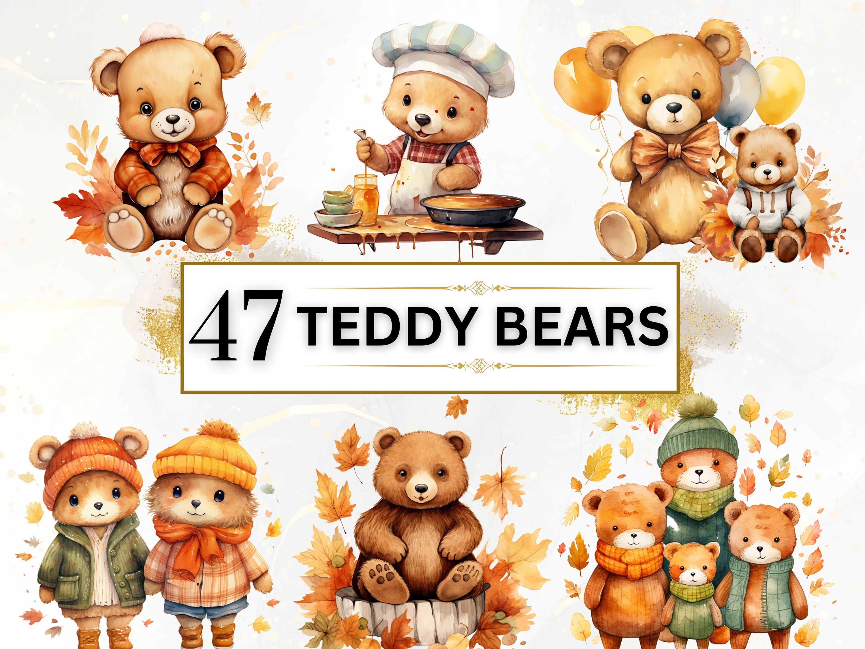 Watercolor Fall Teddy Bear Clipart Bundle 47 Teddy Bears - Etsy