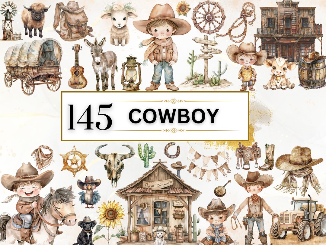 Cowboy Clipart Watercolor Western Clipart Wild West PNG Baby Animal ...