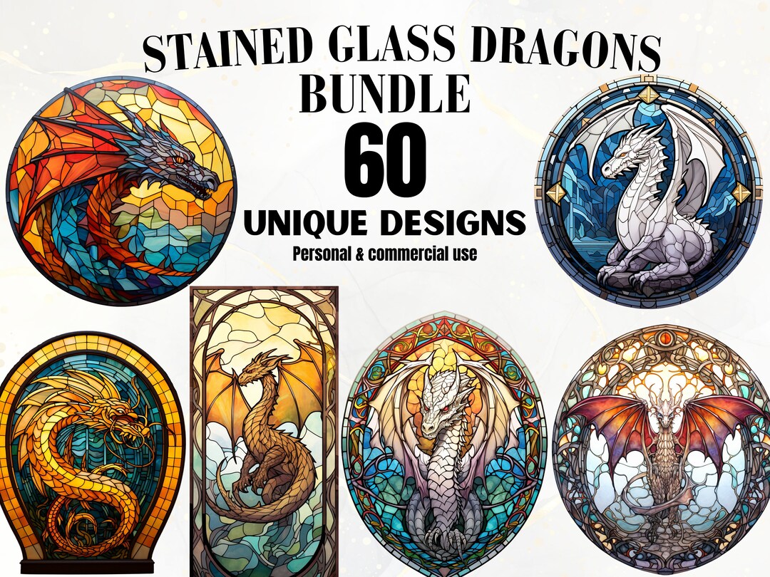 Stained Glass Dragon Art - 60 Stained Glass Design Bundle, Digital ...