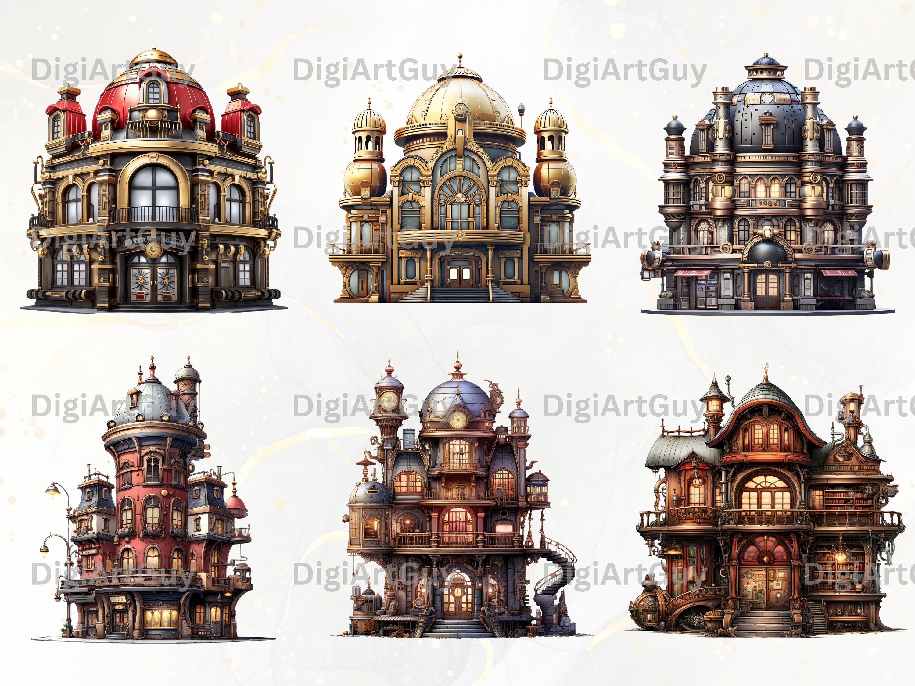 Steampunk Buildings Clipart Bundle - Watercolor Steampunk Pngs ...