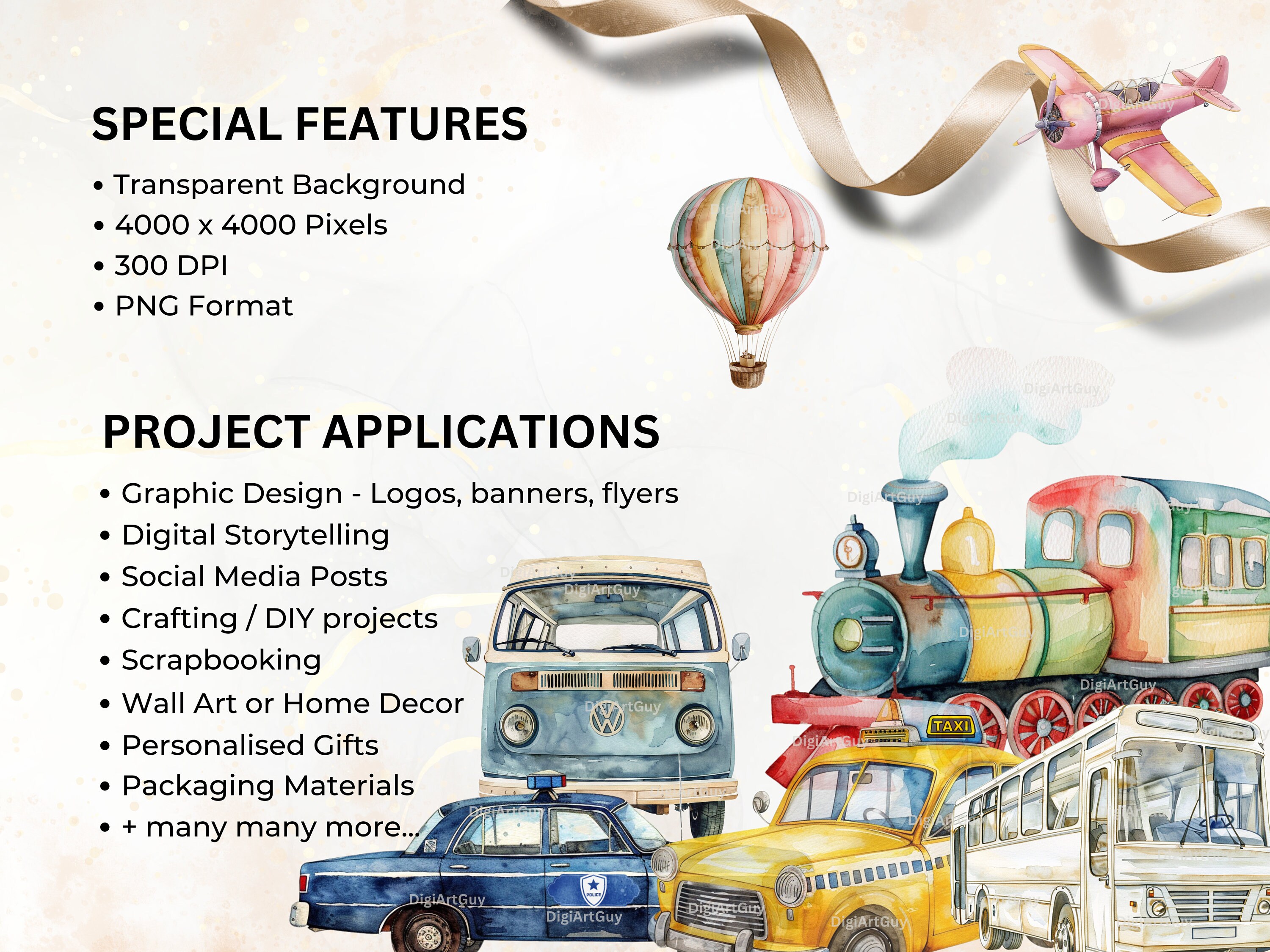 Transport Clipart Set Watercolor Public Transportation PNG Vehicle ...