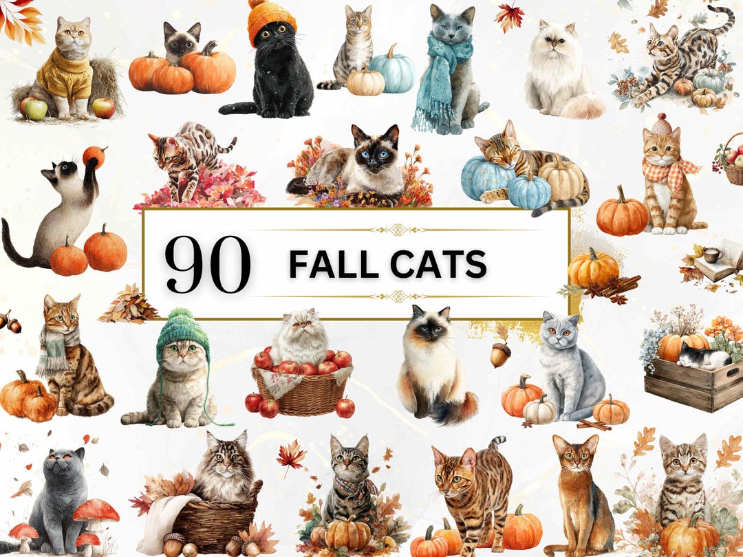 Watercolor Fall Cat Clipart Cute Autumn Cats PNG Fall Clipart PNG Cozy ...