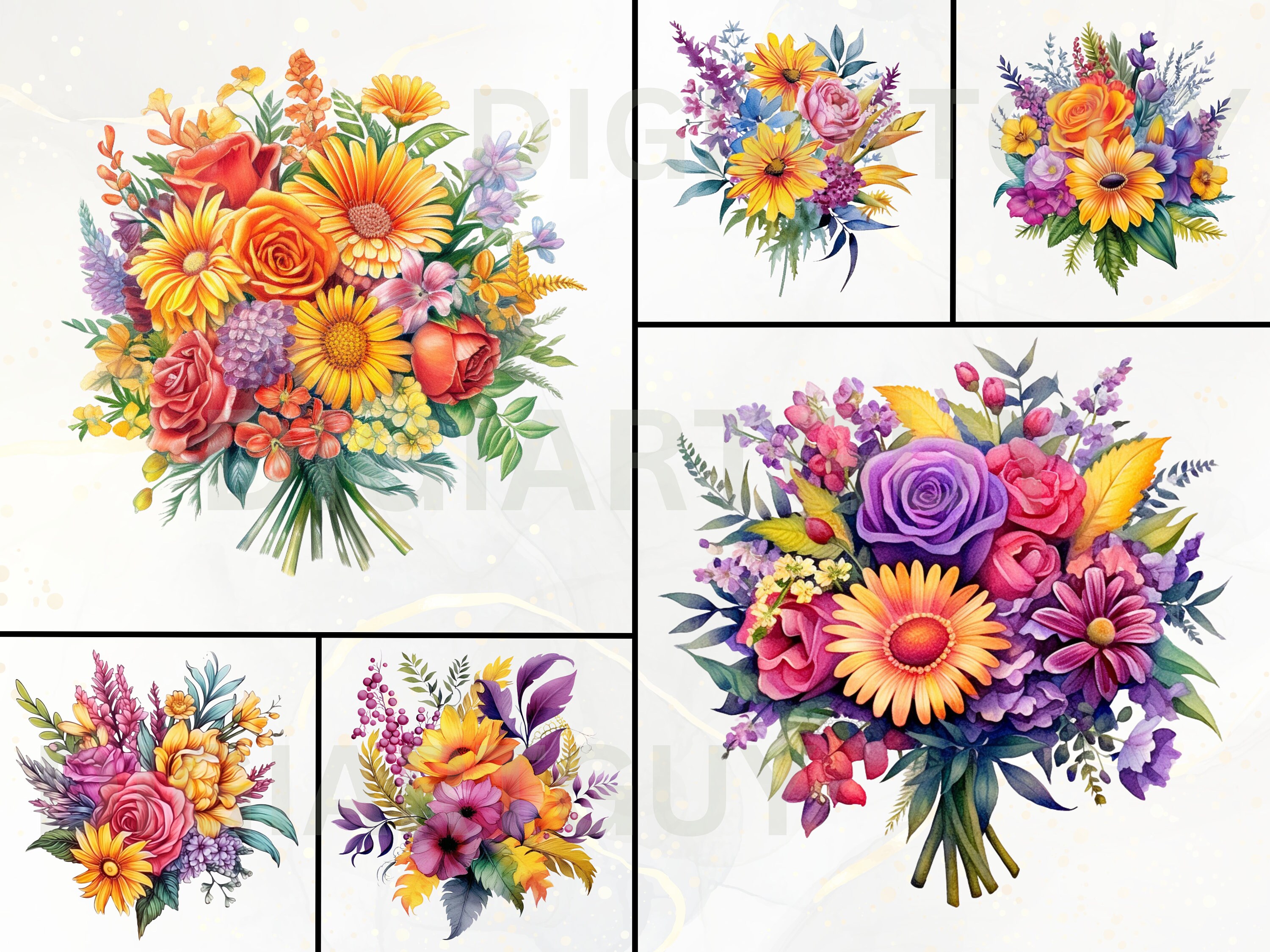 Watercolor Flower Bouquets Clipart, Watercolor PNG, Watercolor Flowers ...