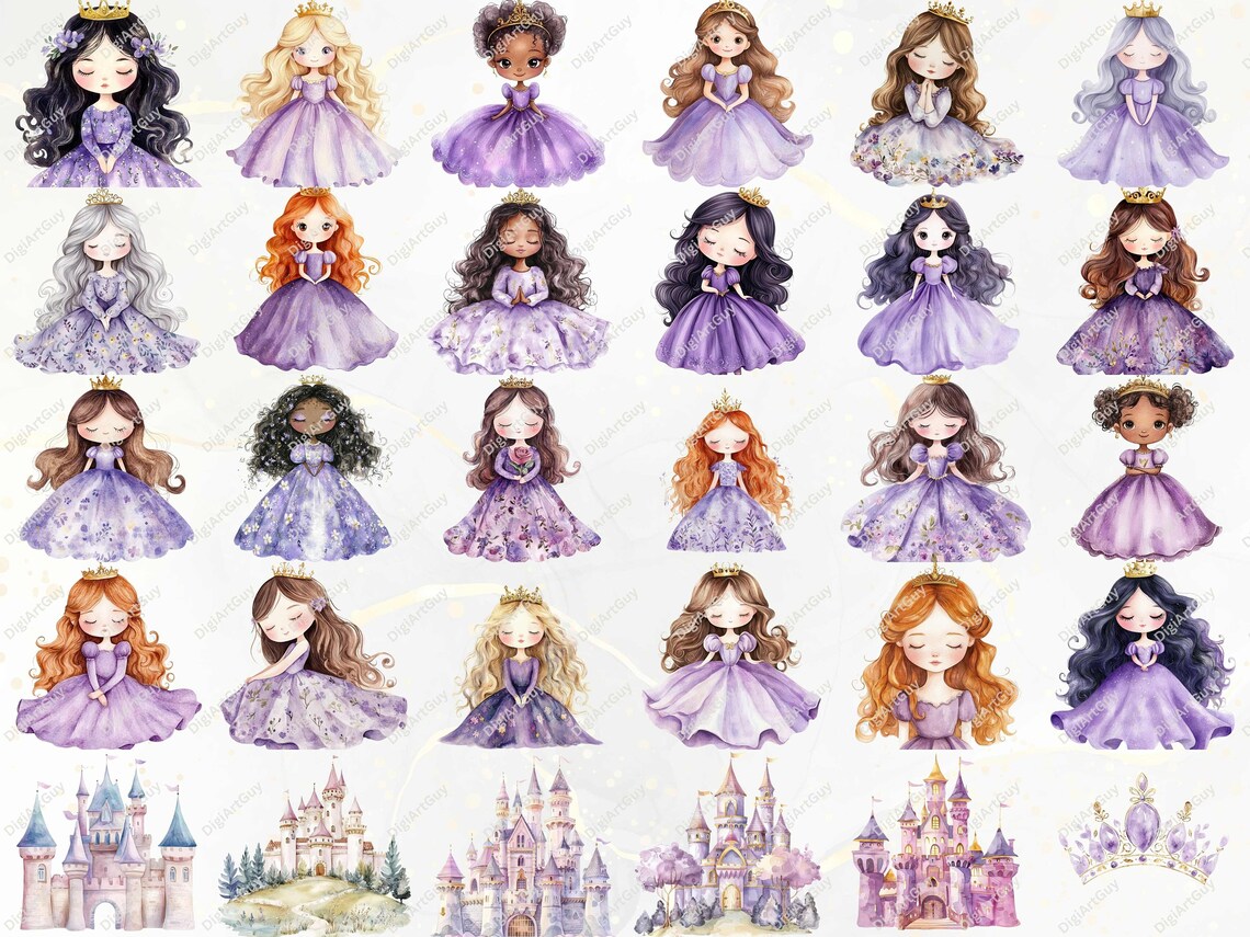 Lilac Princess Watercolor Clipart Cute Princess PNG Cinderella Clipart ...