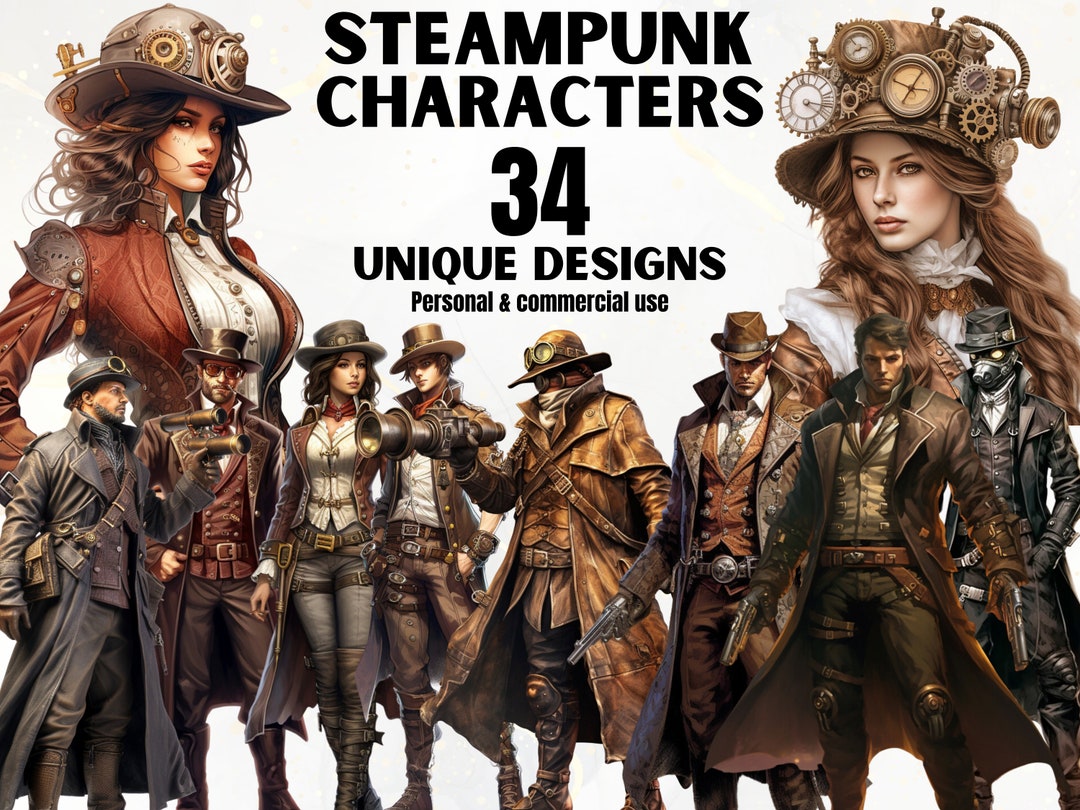 Steampunk Characters Clipart Bundle - 34 Watercolor Steampunk Pngs ...