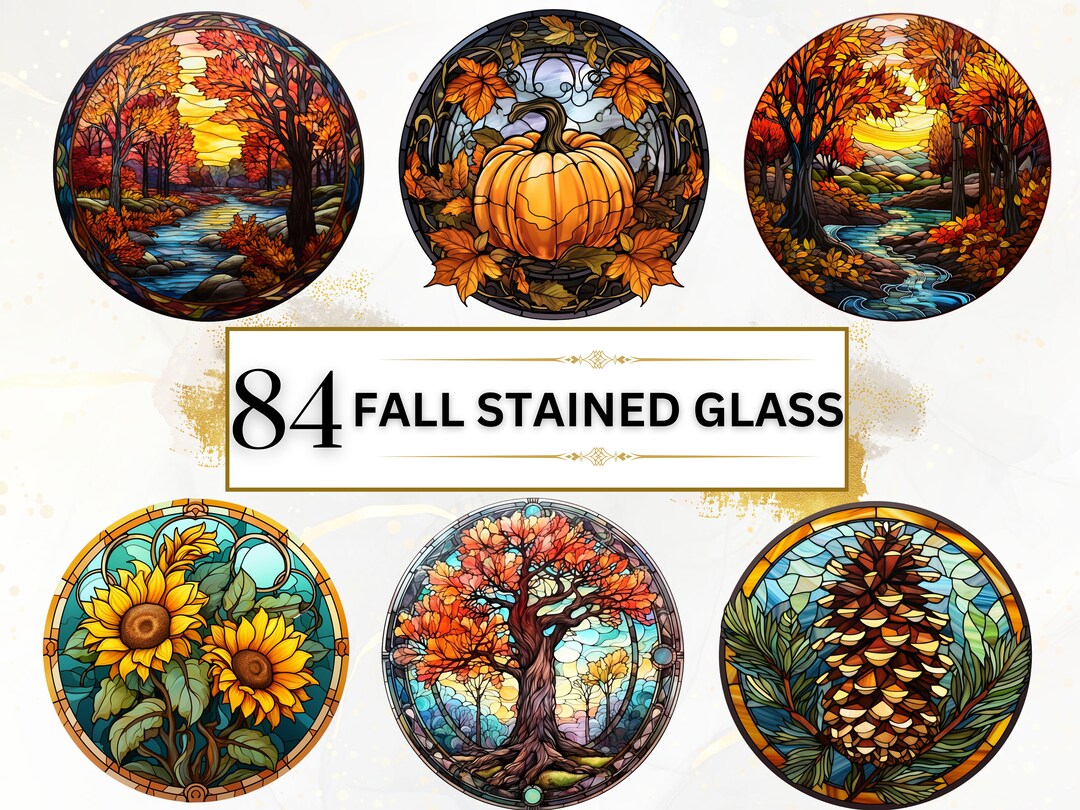 Stained Glass Autumn Bundle - 84 Stained Glass Clipart Pngs, Autumn ...