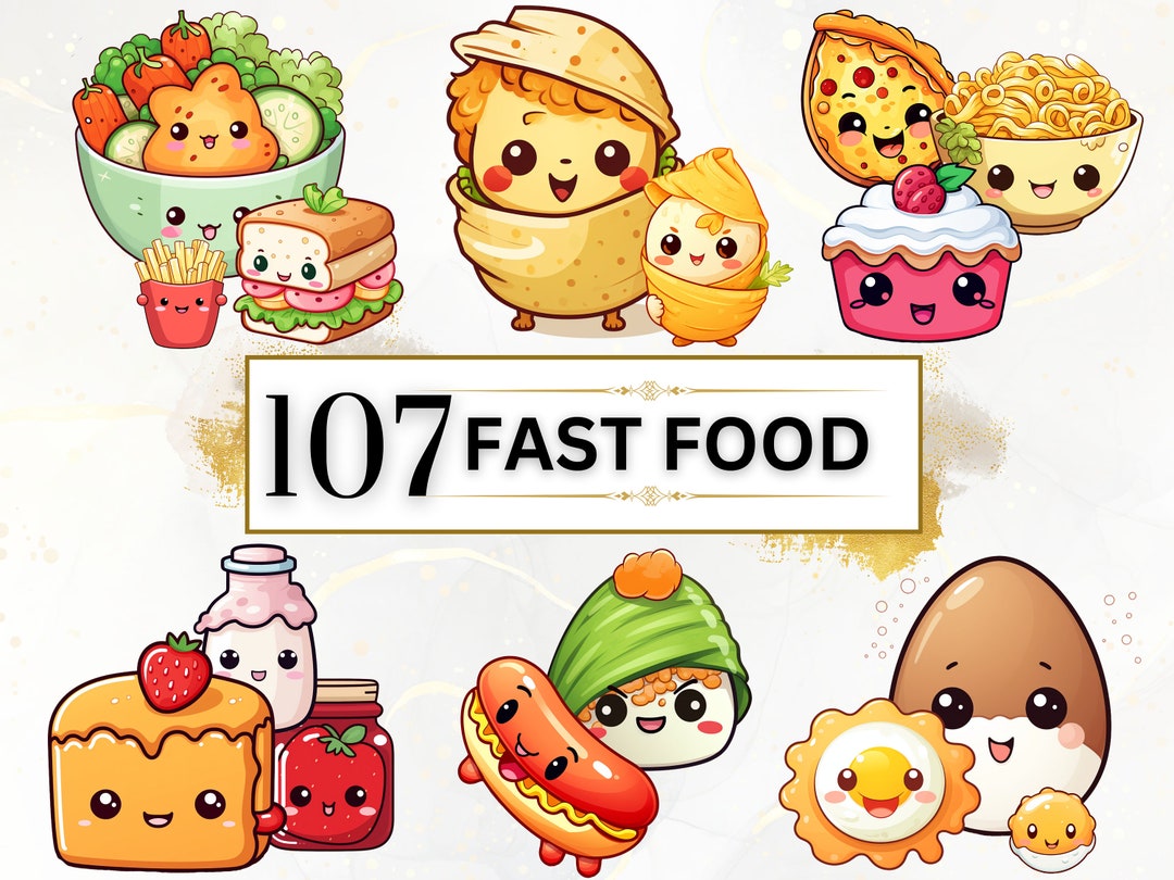 Kawaii Clipart Bundle - 107 Cute Kawaii PNG Clipart Set, Kawaii Food ...
