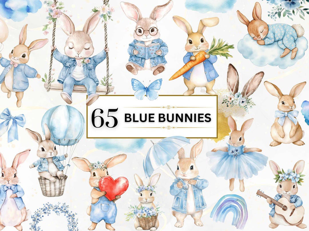 Blue Bunny Clipart Watercolor Spring Rabbit Clipart Nursery Png Animal ...