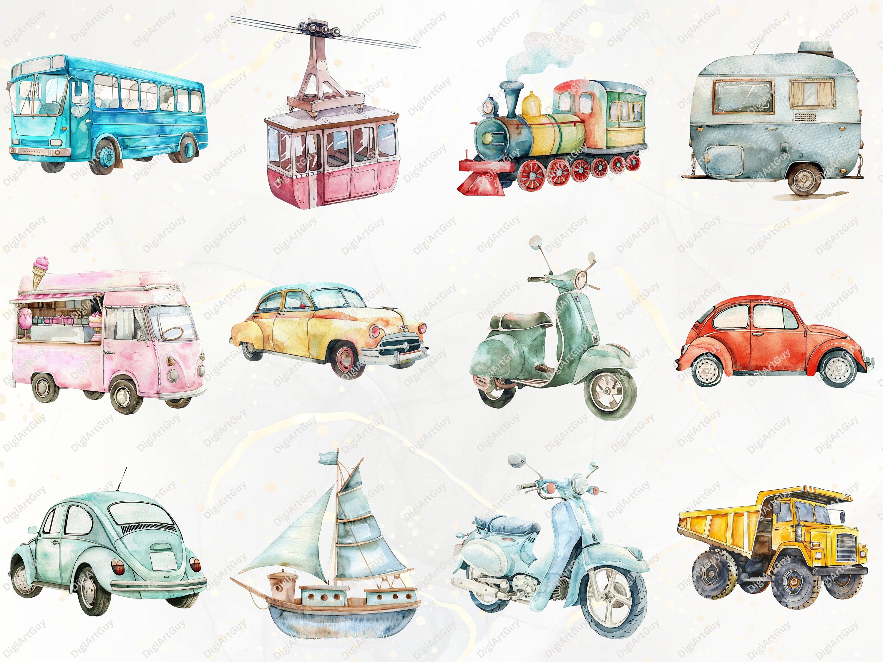 Transport Clipart Set Watercolor Public Transportation PNG Vehicle ...